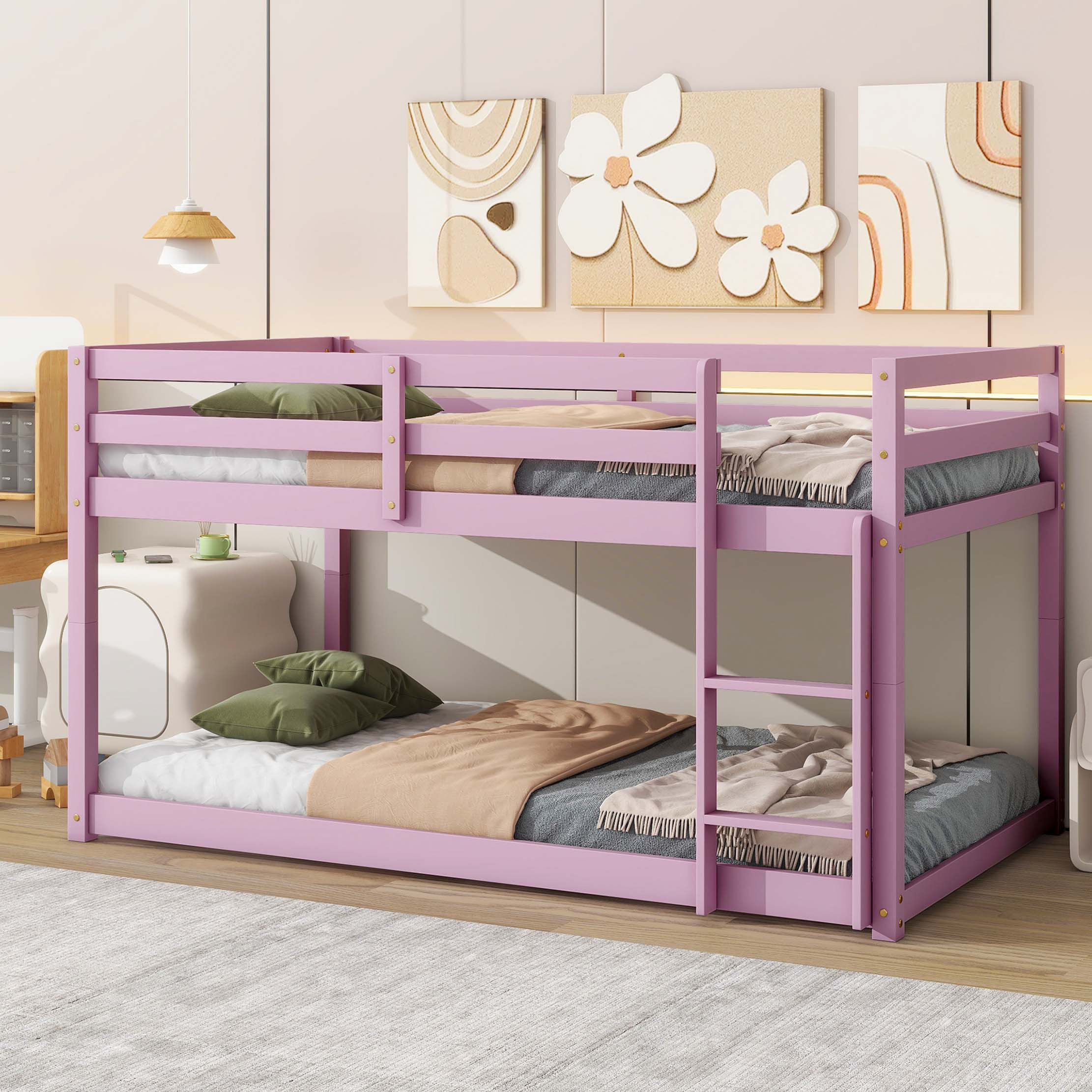 Harriet Bee Solid Wooden, Solid Rubber Wooden Floor Bunk Bed With ...