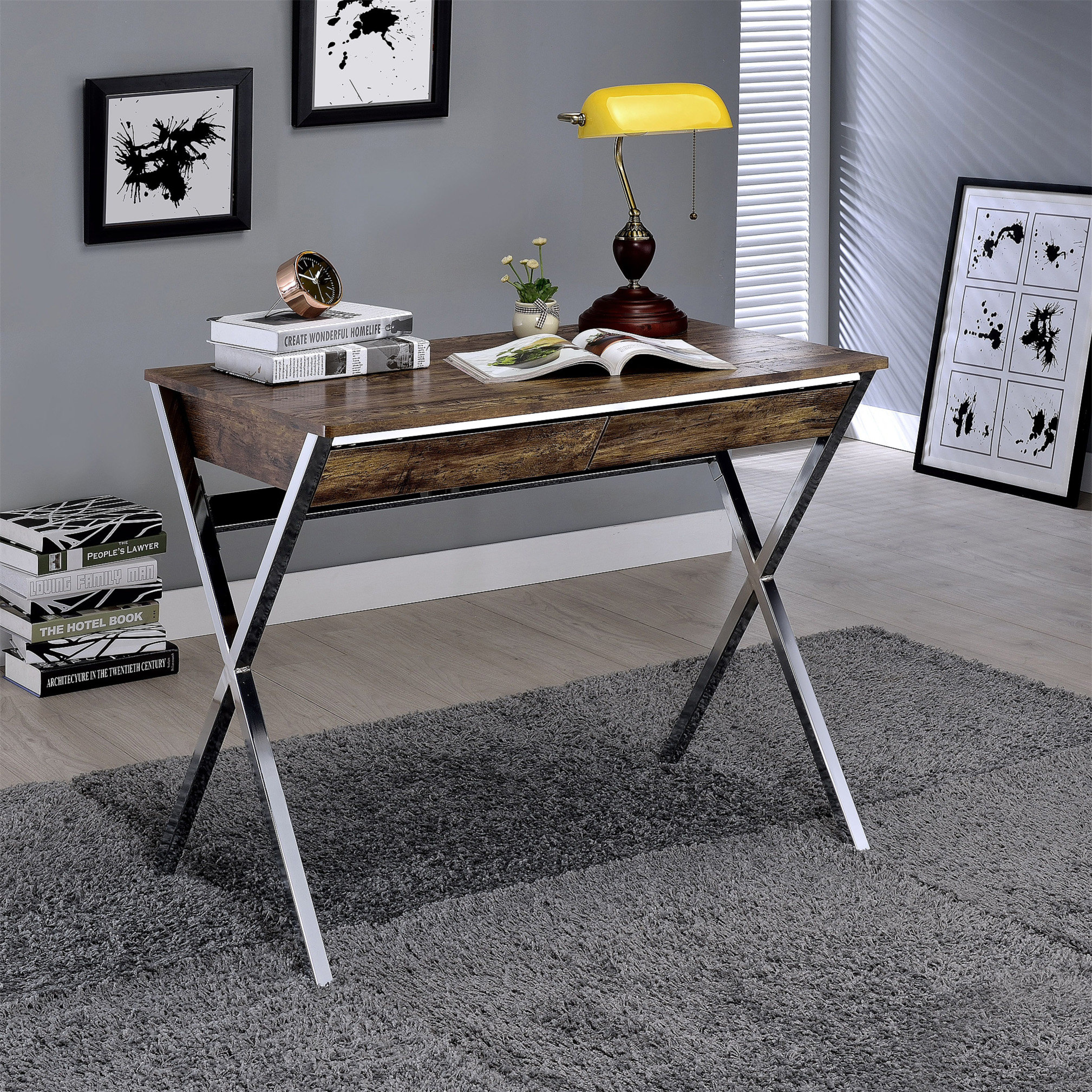 17 Stories Weathered Oak And Chrome 2-Drawer Writing Desk - Wayfair Canada
