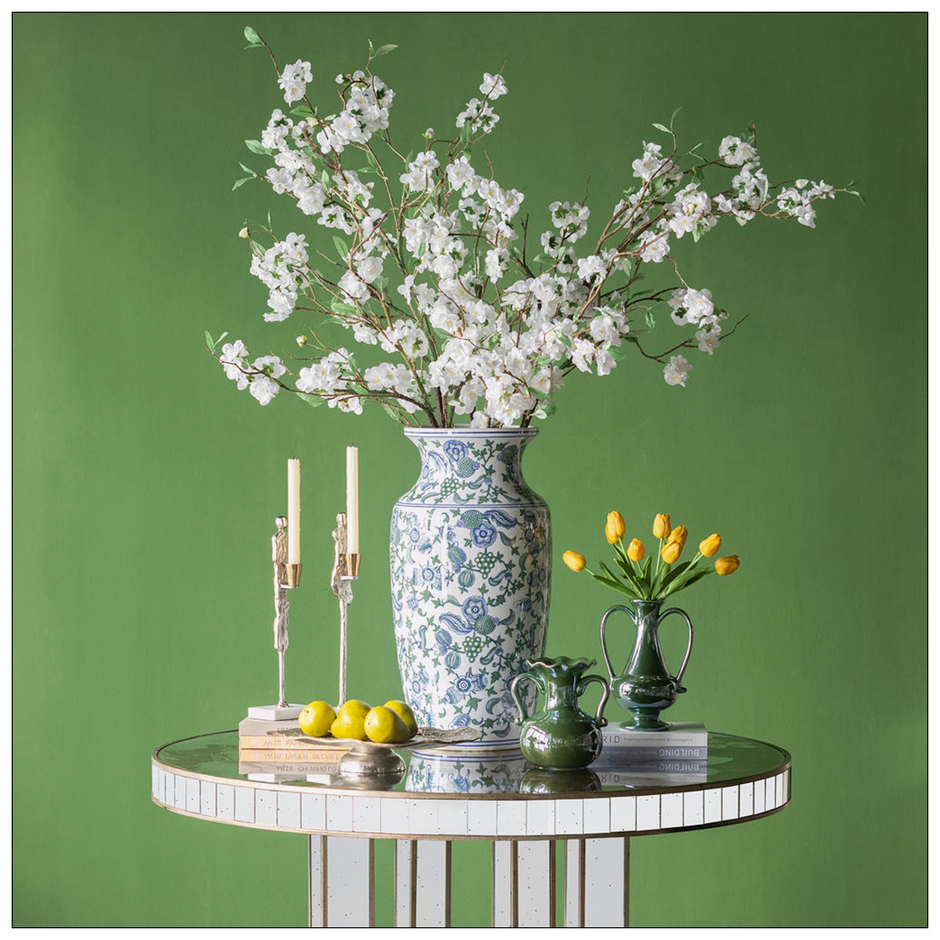 One Allium Way Round Side Table with Elegant Foral Design and Mirrored ...