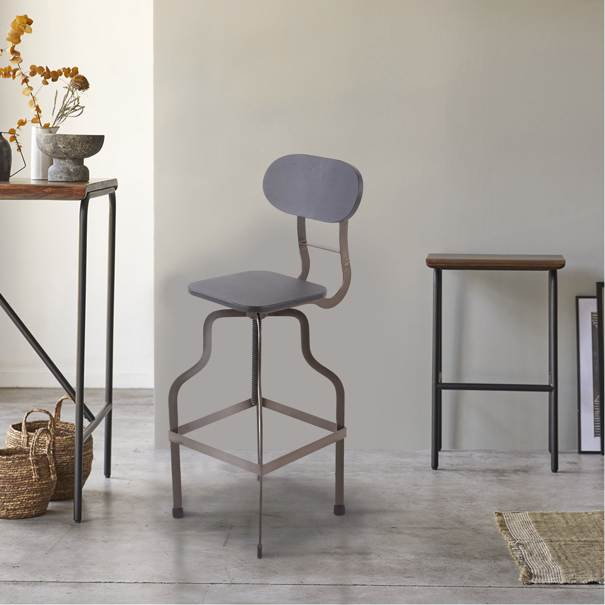 Williston Forge Industrial Style Wooden Swivel Bar Stool With Curved ...