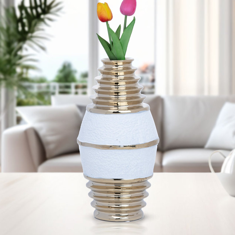 Mercer41 Mazvita Modern White Ceramic Vase 28 cm With Golden Rims For ...