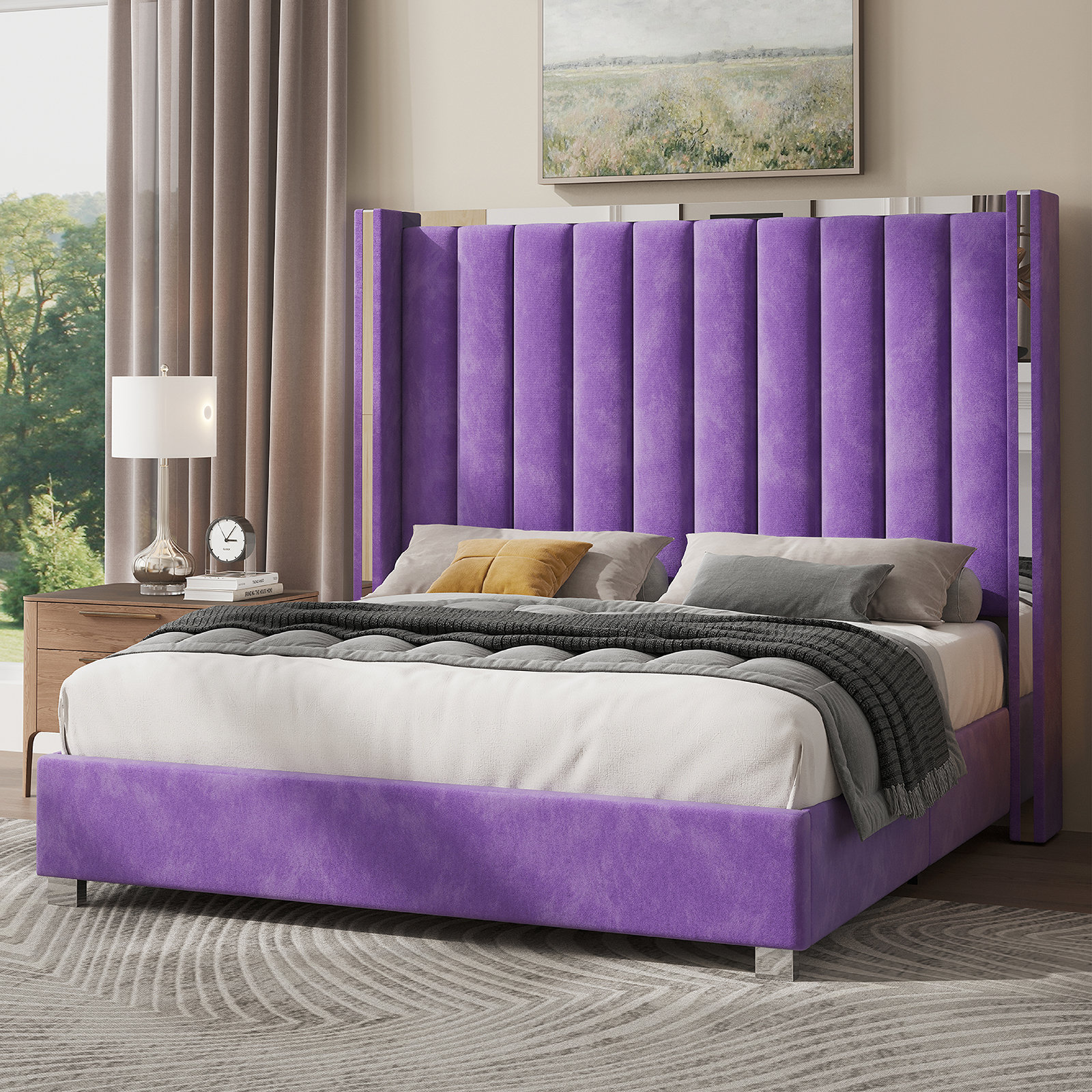 Mercer41 Bed Frame with 58" Tall Headboard, Velvet Upholstered Platform ...