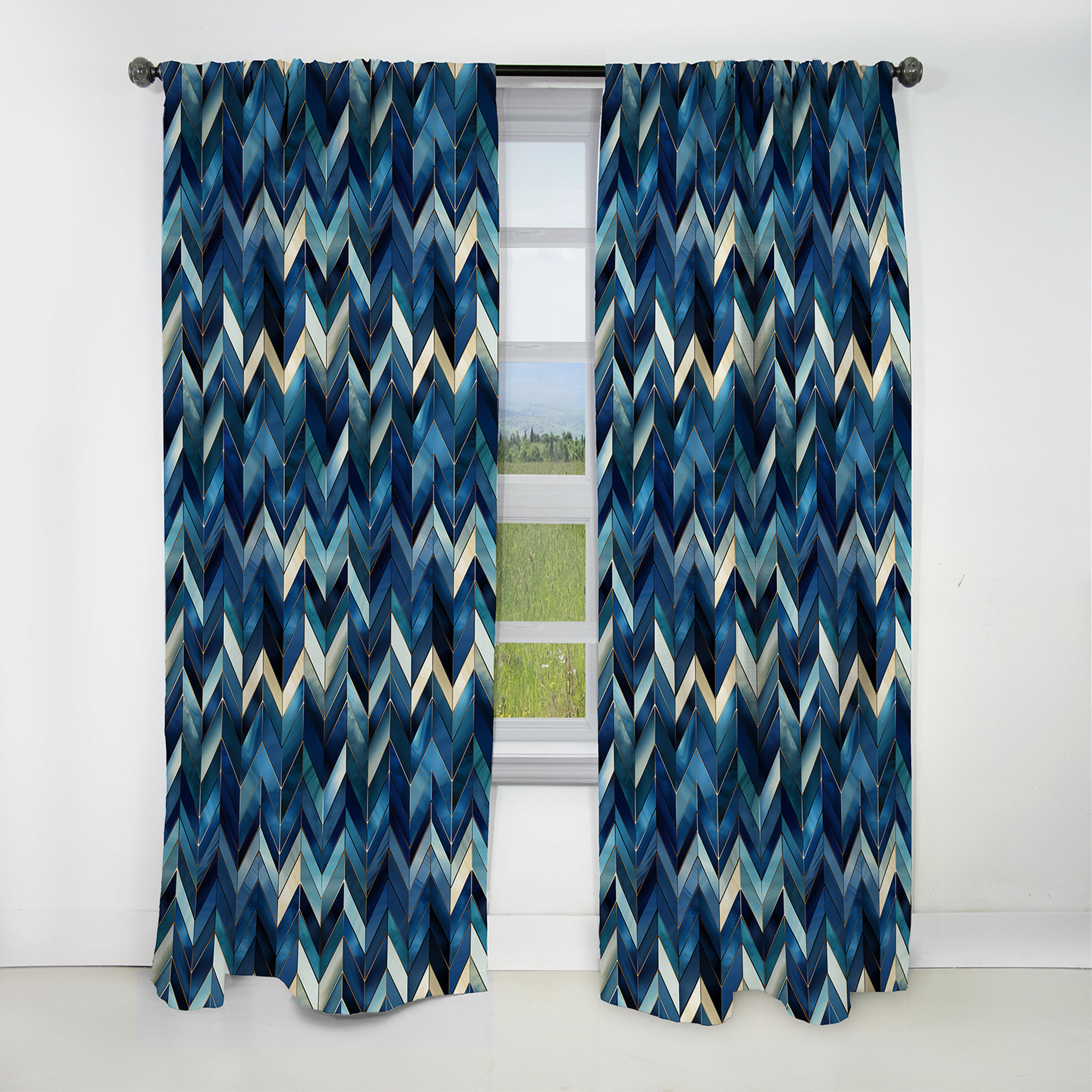 Design Art Vintage Cobalt Blue Chevron Geometric - Chevron Curtain ...