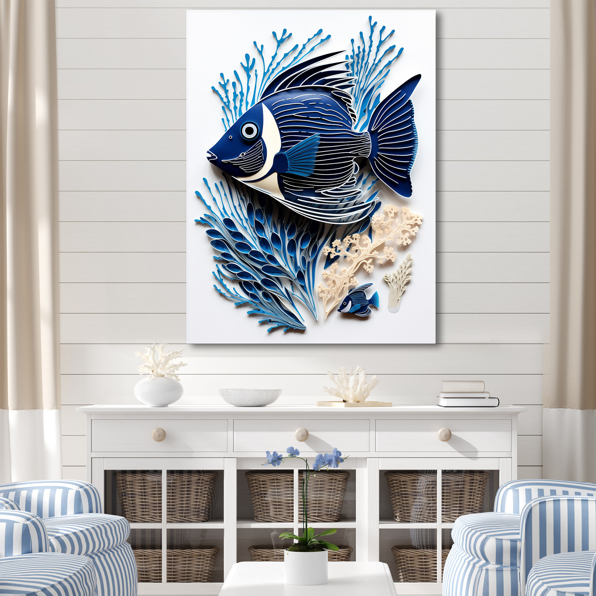 Highland Dunes Monochrome Blue And White Fish Crawl On Canvas Print ...