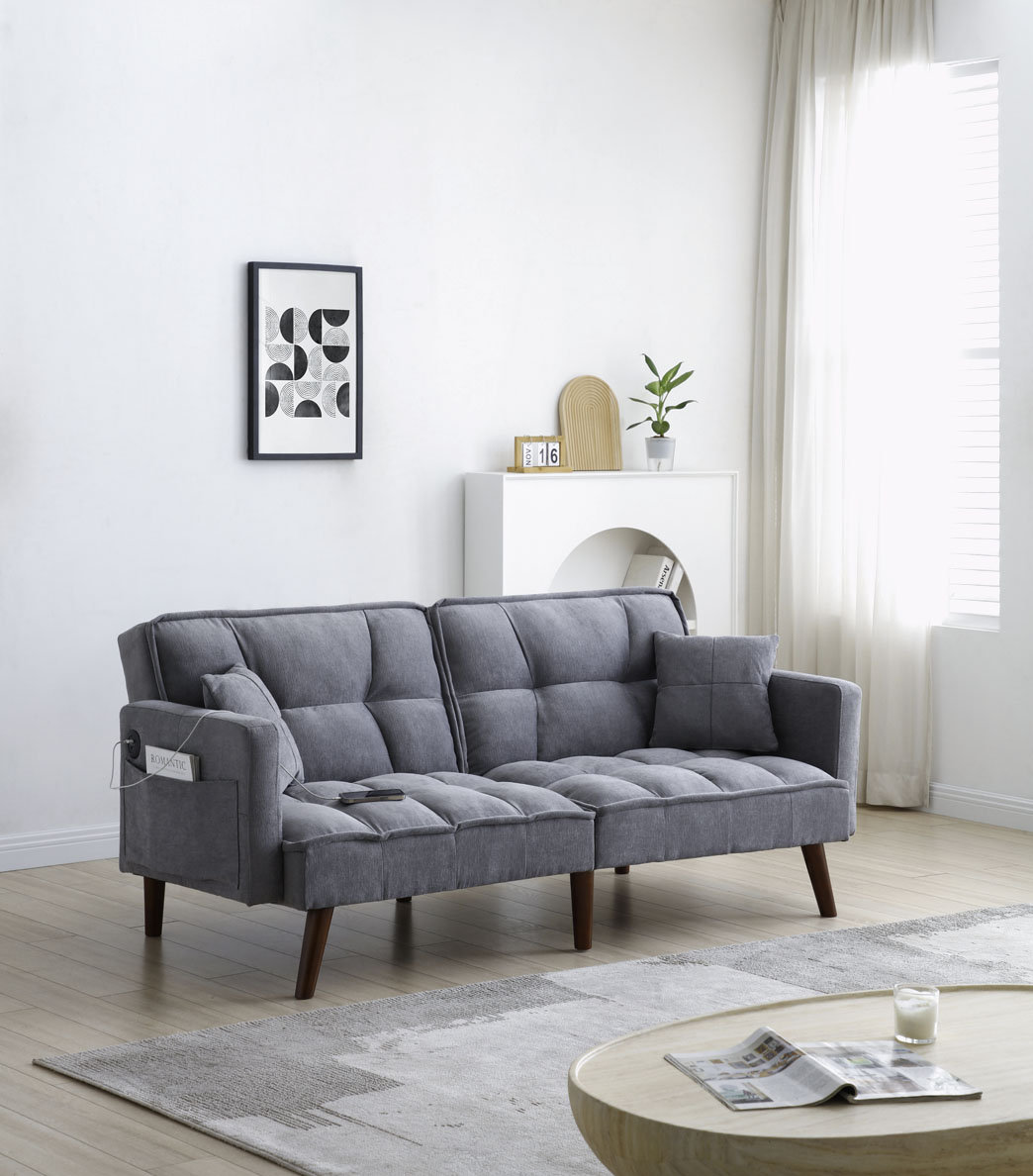 George Oliver Chenille Folding Futon Sofa with USB Charging Port ...