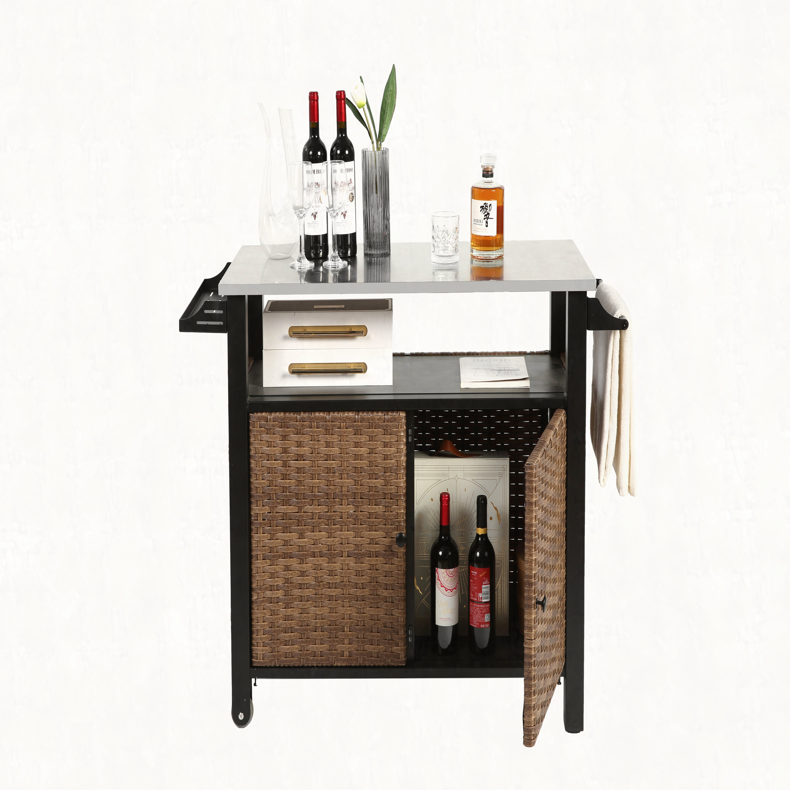 Red Barrel Studio® Outdoor Kitchen Wicker Island Rolling Cart & Storage ...