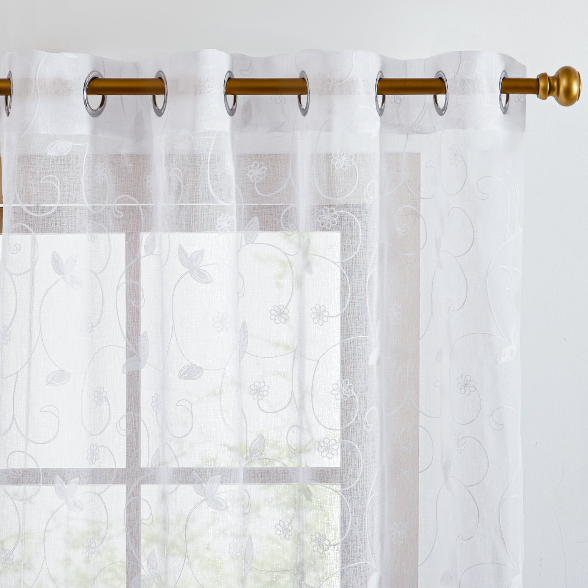 Winston Porter Embroidered Leaf Floral Pattern Semi Sheer Voile Window ...