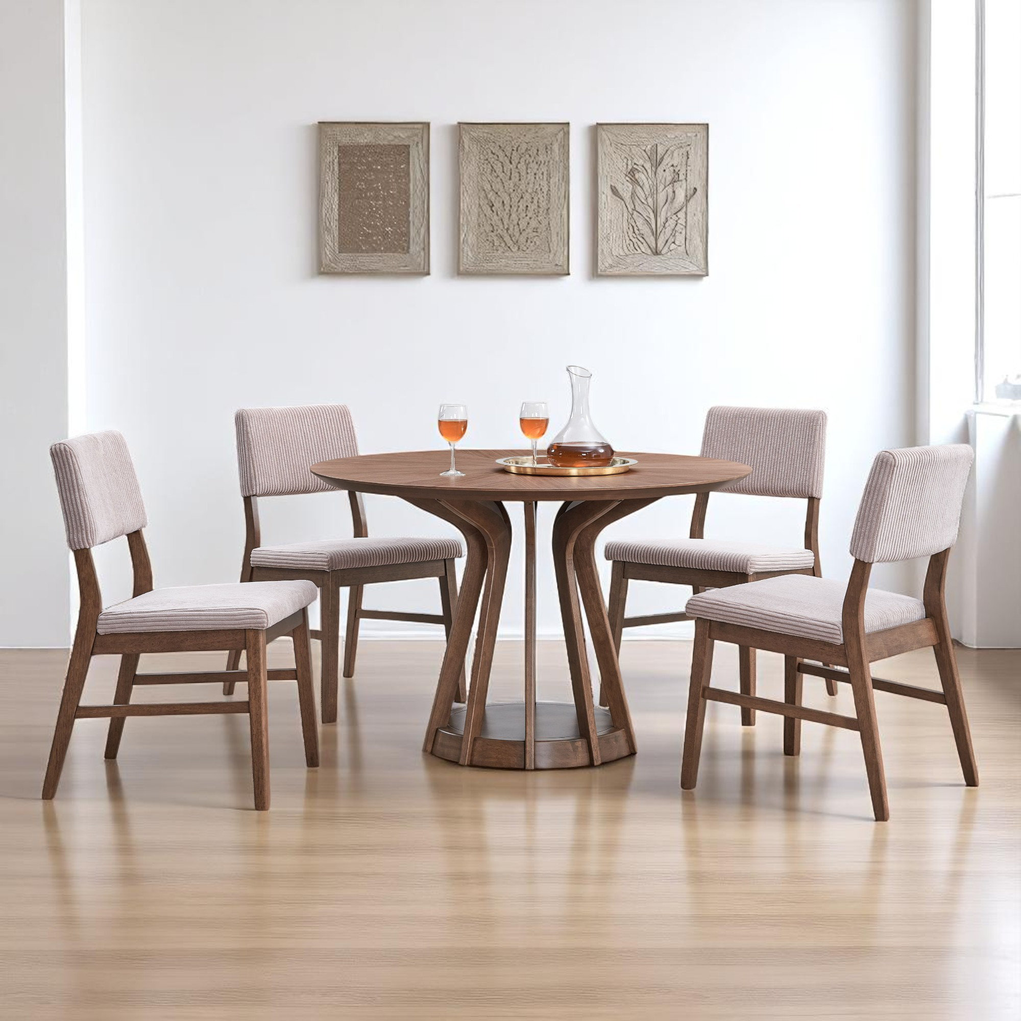 George Oliver Mid-Century 5-Piece Round Dining Table Set With Upholstered Chairs, Walnut Finish ...