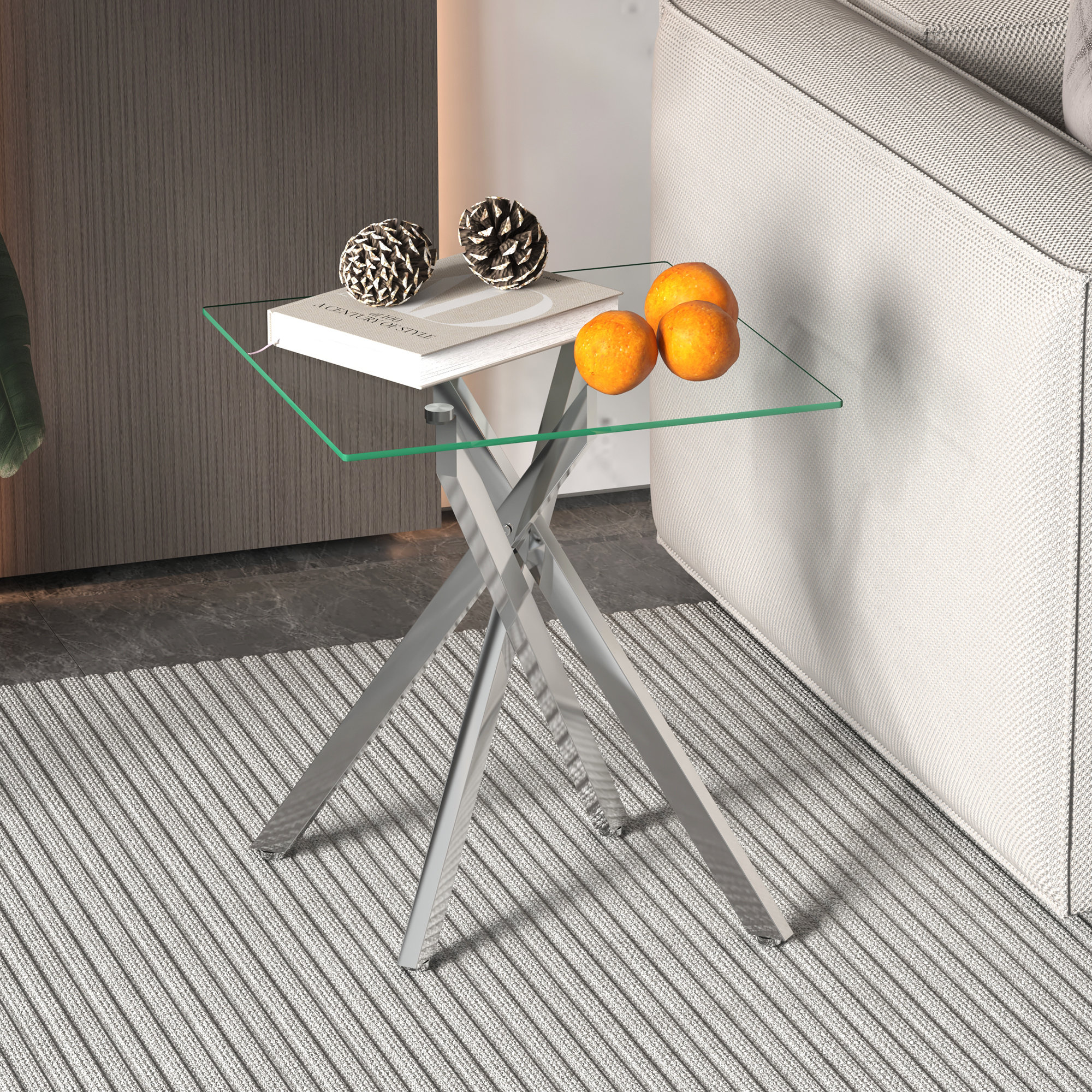 Mercer41 Yaya 17.72" Square Glass End Table with Cross Metal Legs ...
