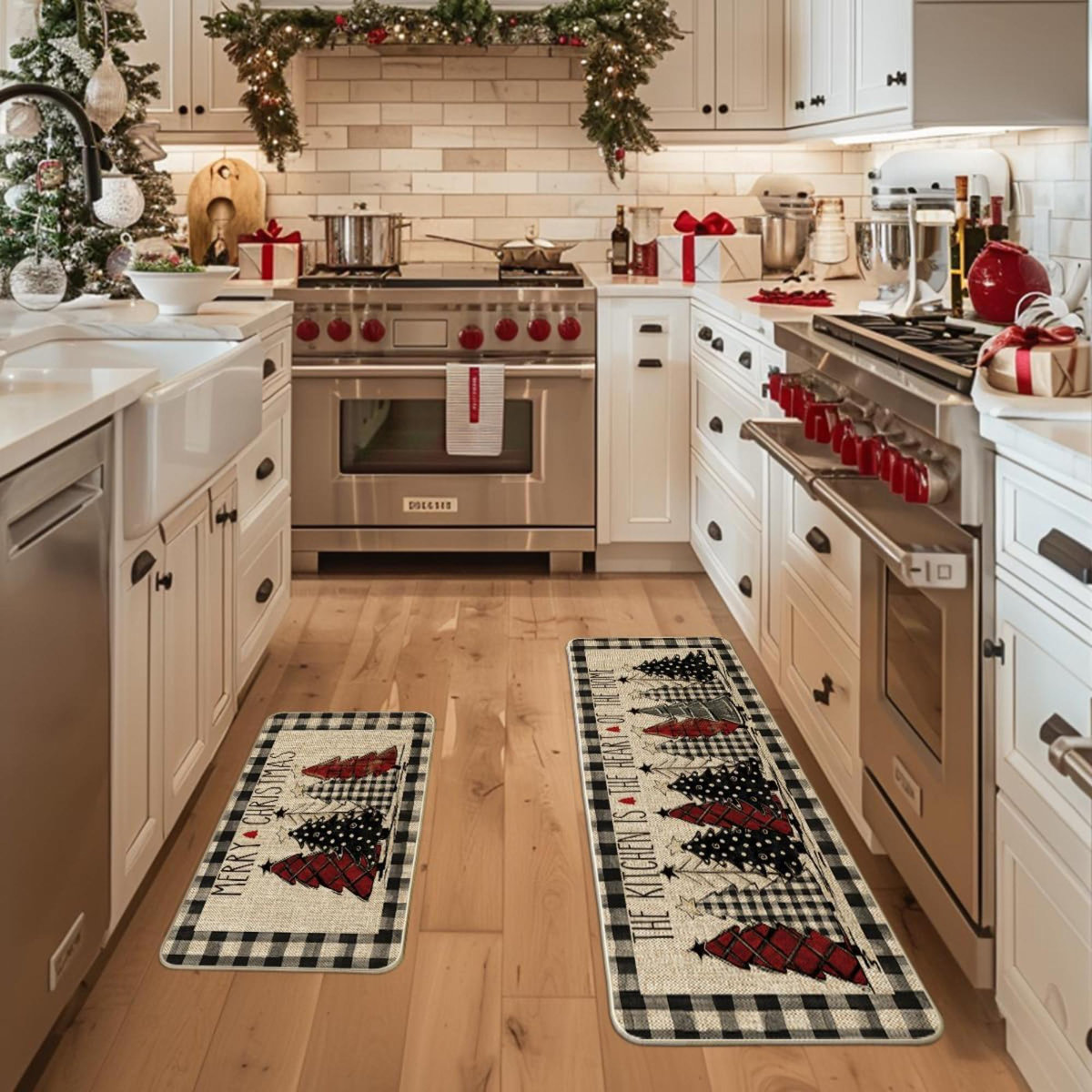 The Holiday Aisle® Buffalo Plaid Xmas Tree Merry Christmas Kitchen Mats ...