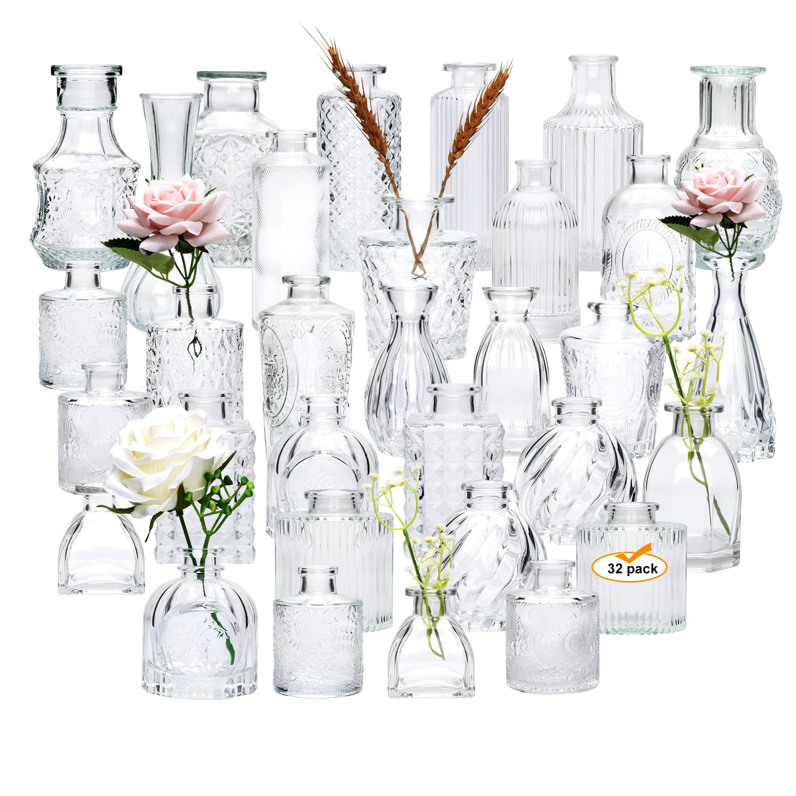Ivy Bronx Set Of 32 Bud Vases For Flowers, Small Vintage Glass Bottles ...