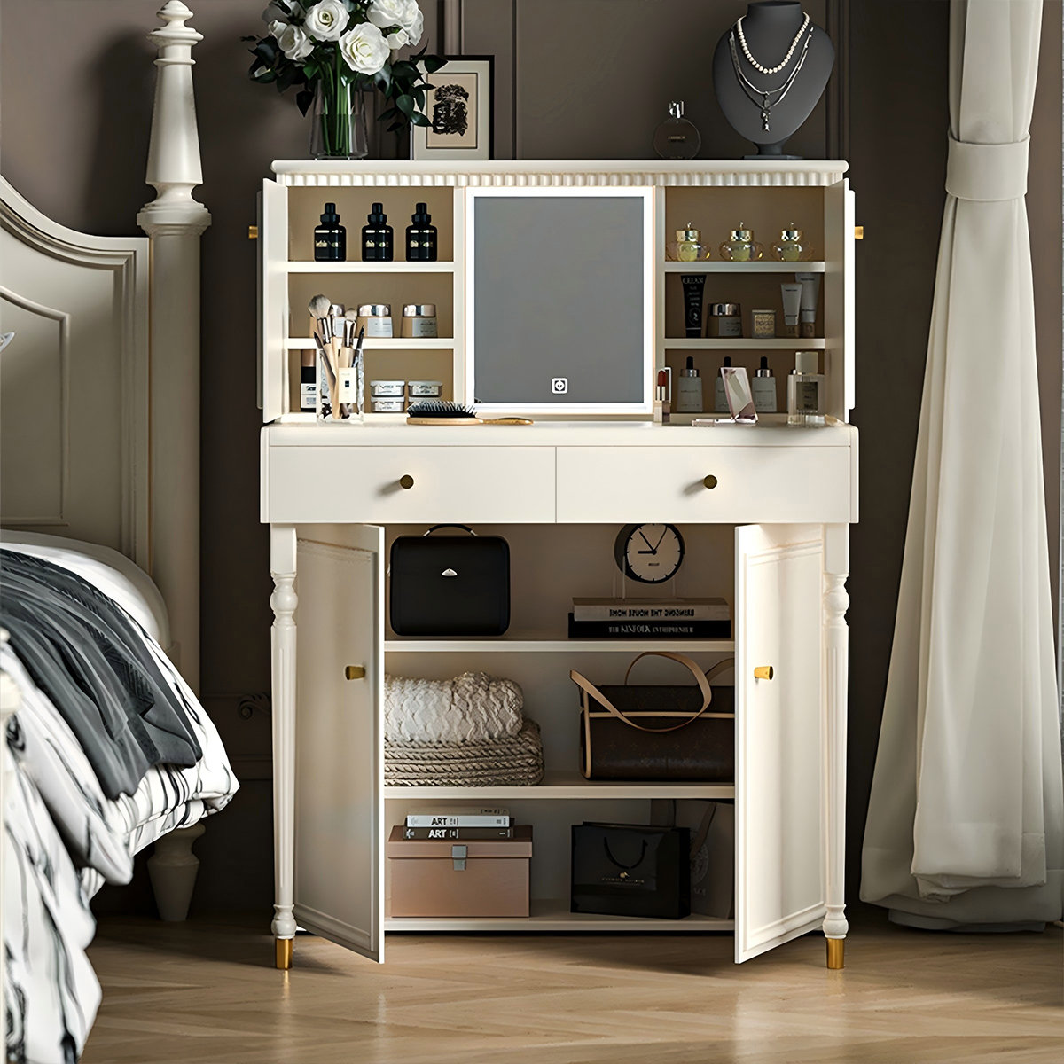 Latitude Run® 33.86"Cream Piano Vanity With a Makeup Stool and Mirror ...