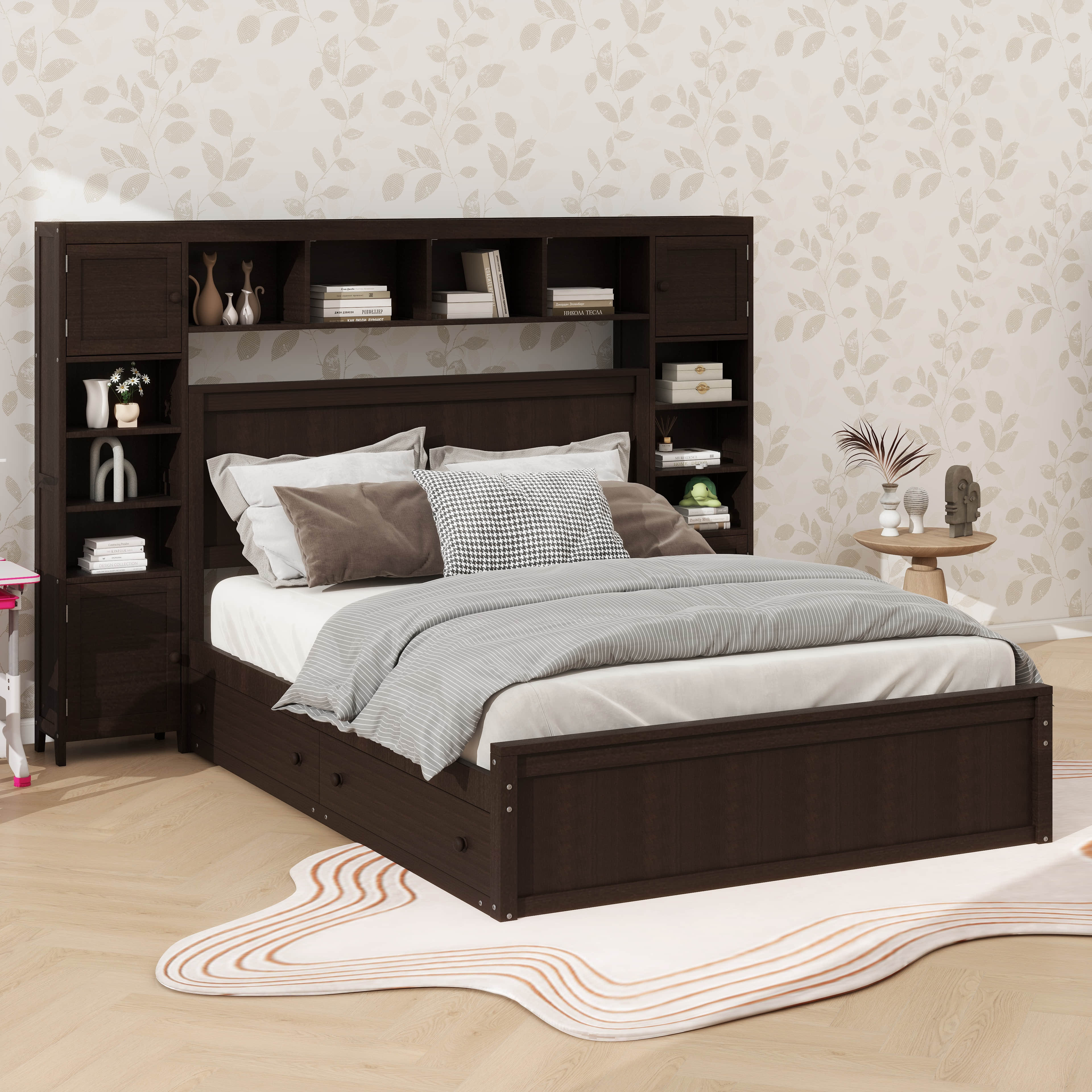 Red Barrel Studio® Luxury Queen Wooden Bed With Integrated Cabinet ...