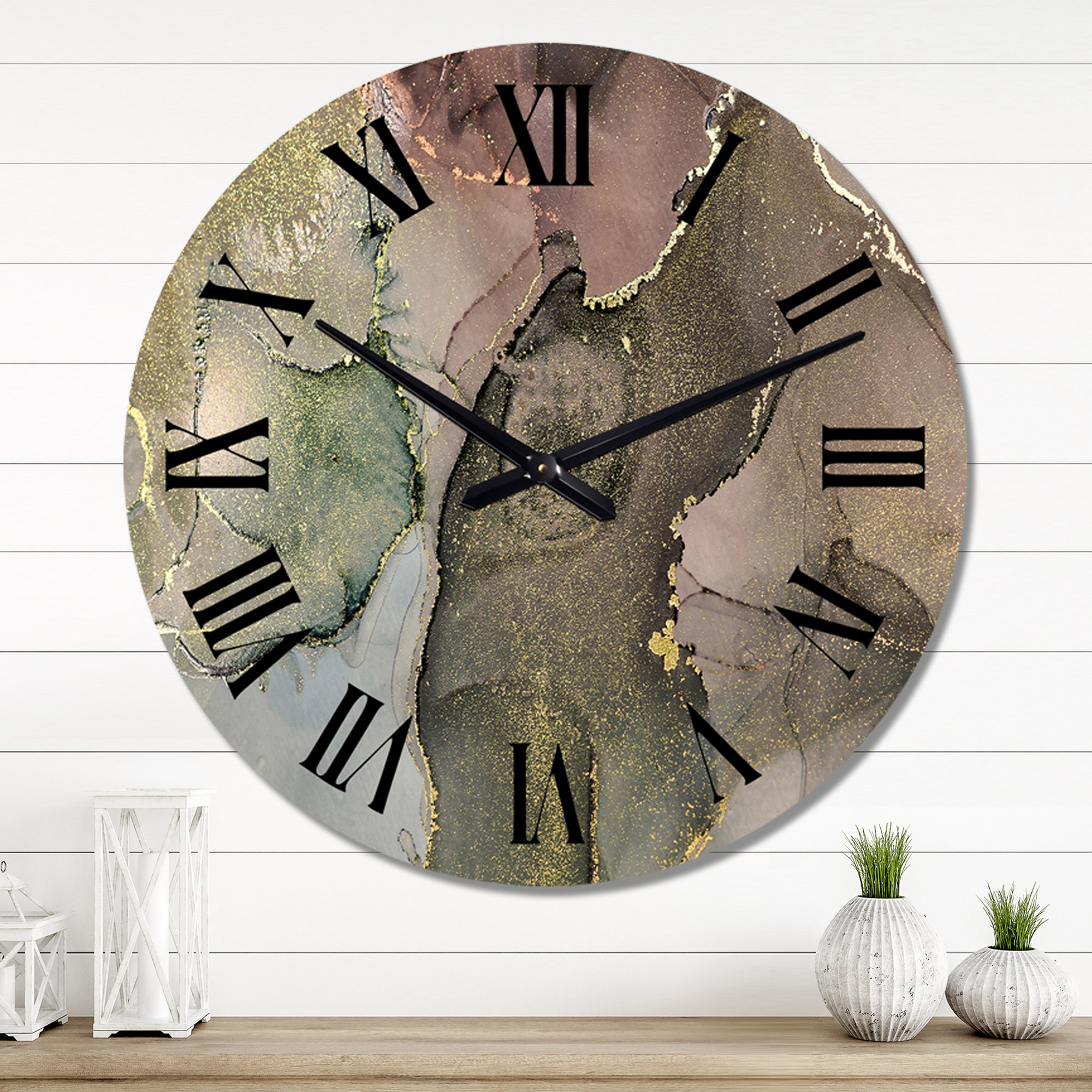 East Urban Home Grey and Green Liquid Art I - Modern Wall Clock | Wayfair