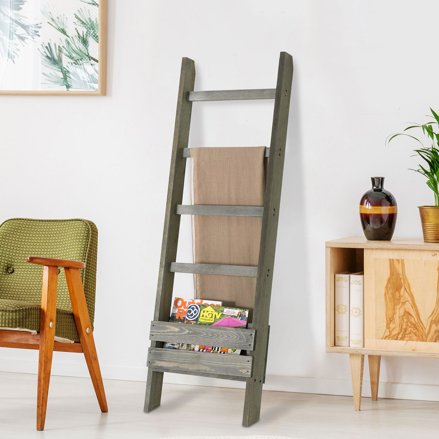 Gracie Oaks Solid Wood Blanket Ladder with Magazine Holder & Reviews ...