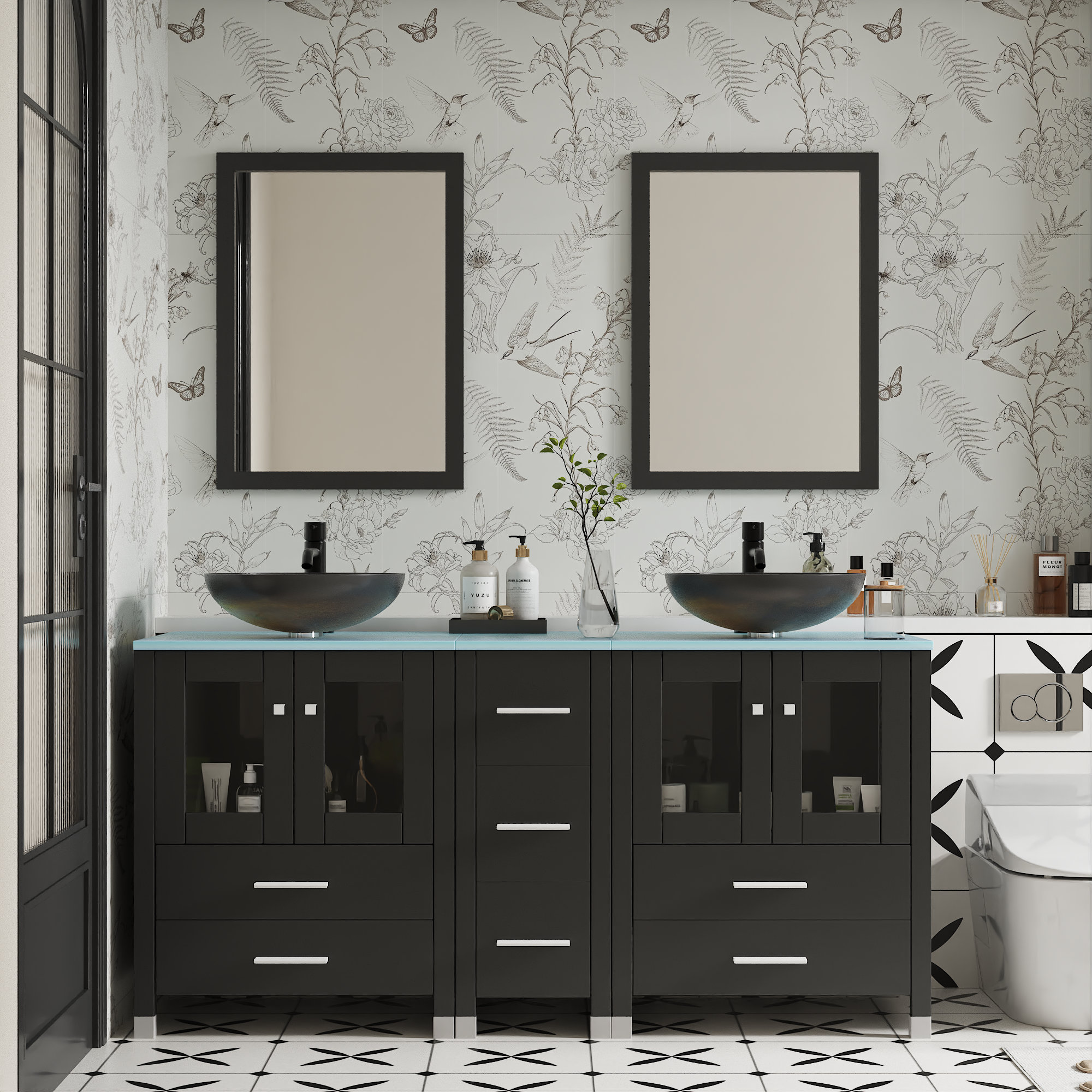 Ebern Designs 61'' Standalone Bathroom Vanity With Glass Sink And Mirror | Wayfair