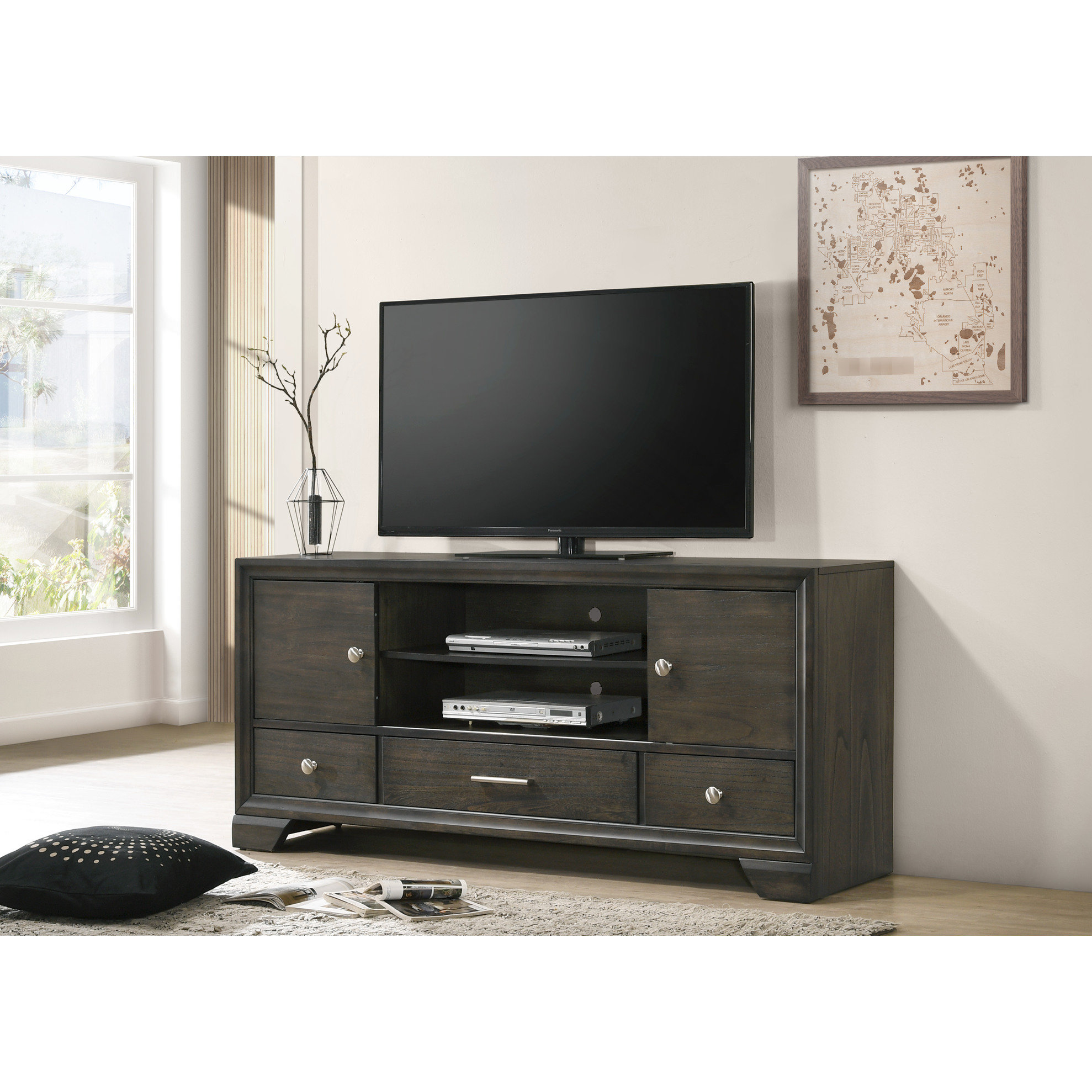 Red Barrel Studio® Gray Tv Console With 2 Cabinets, 3 Drawers, Open ...