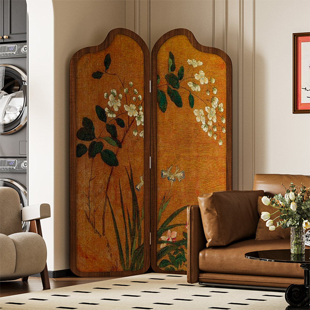 Bungalow Rose 2 Panels Brown+Green Solid Wood+Canvas Folding Room ...