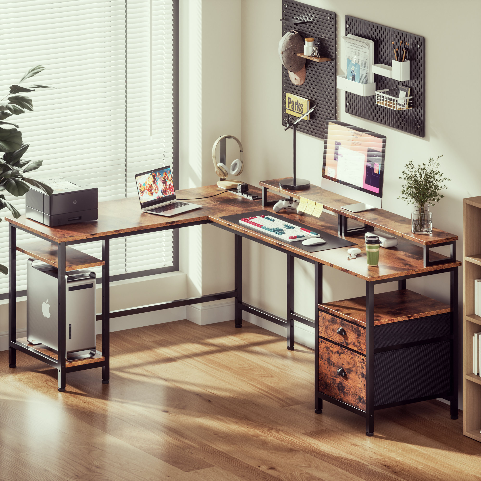 17 Stories Missy 66 in. L-Shaped Computer Desk with 2 Monitor Stand ...