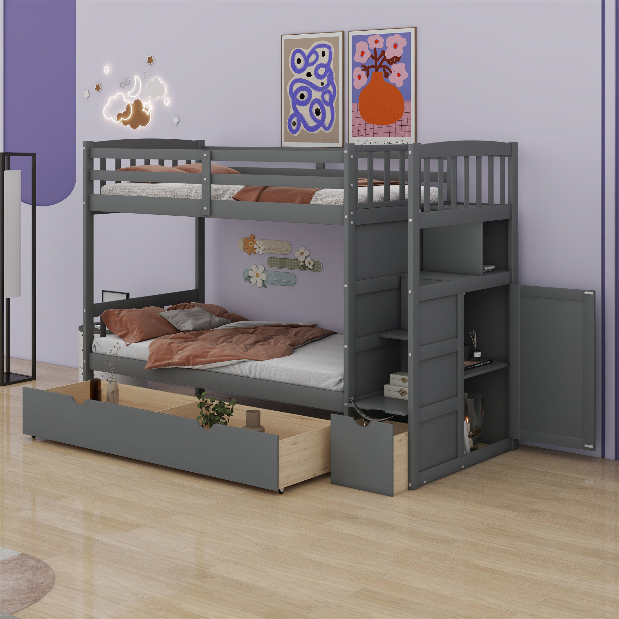 Ophelia & Co. Bunk Bed, Convertible Bottom Bed, Storage Shelves And ...