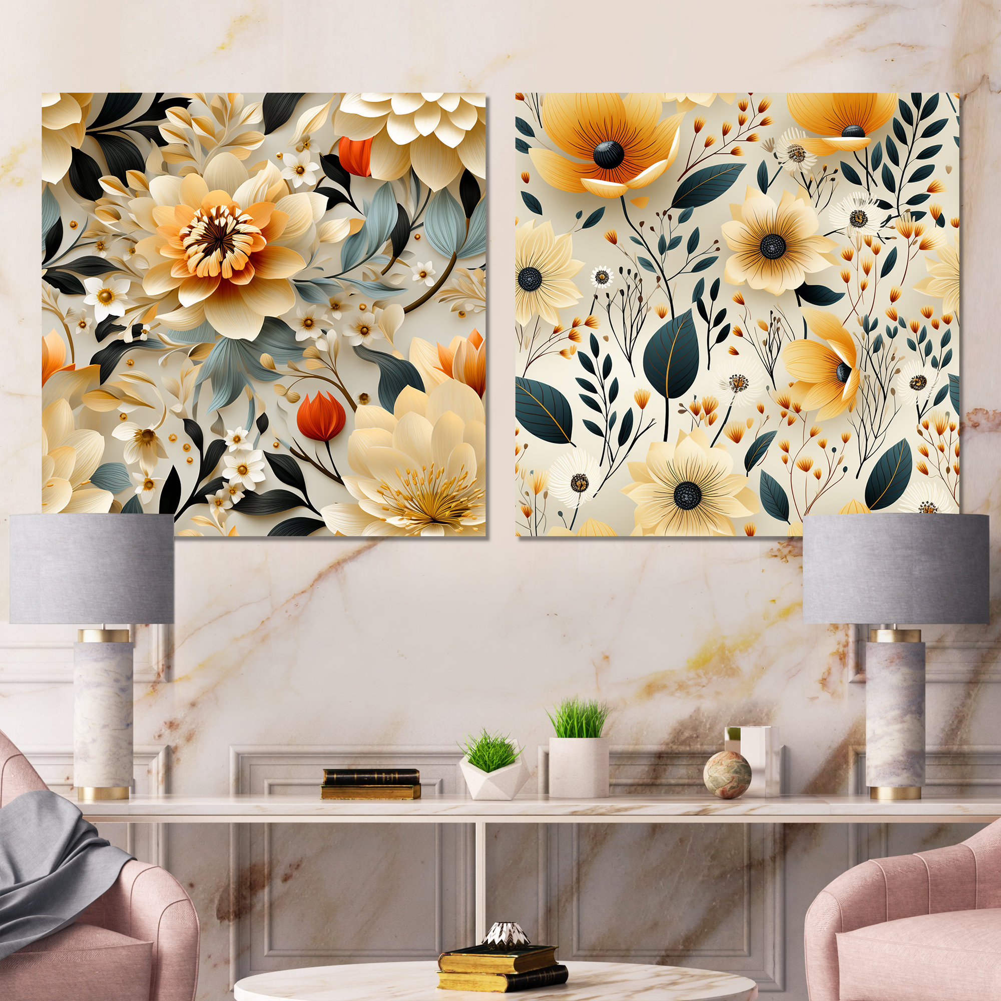 Design Art Beige And Green Harmony Garden Flourish - Floral Metal Wall Art Prints Square Set Of ...