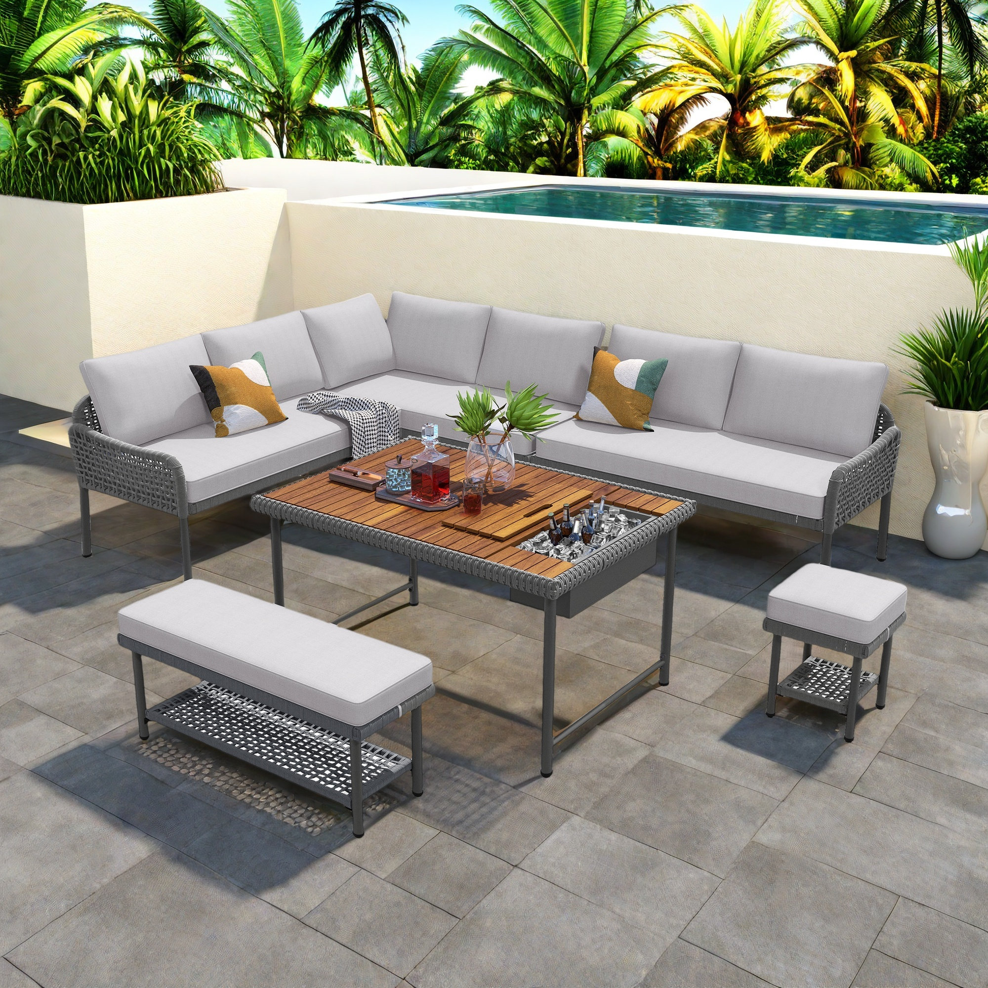 Latitude Run® 6-piece Rope Outdoor Conversation Set With L-shaped Set ...