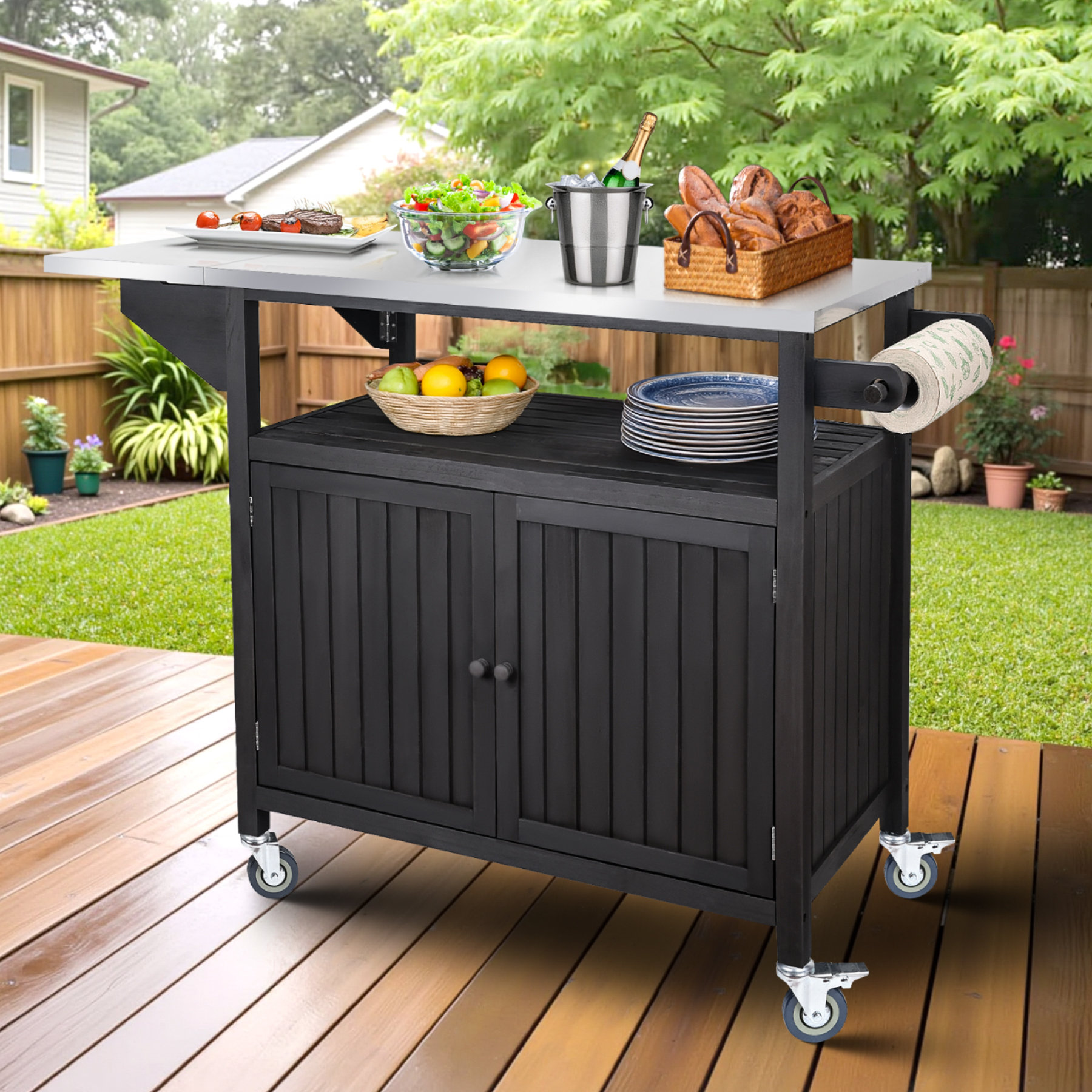 Winston Porter XLSolid Wood Outdoor Grill Table, Portable Grill Cart ...