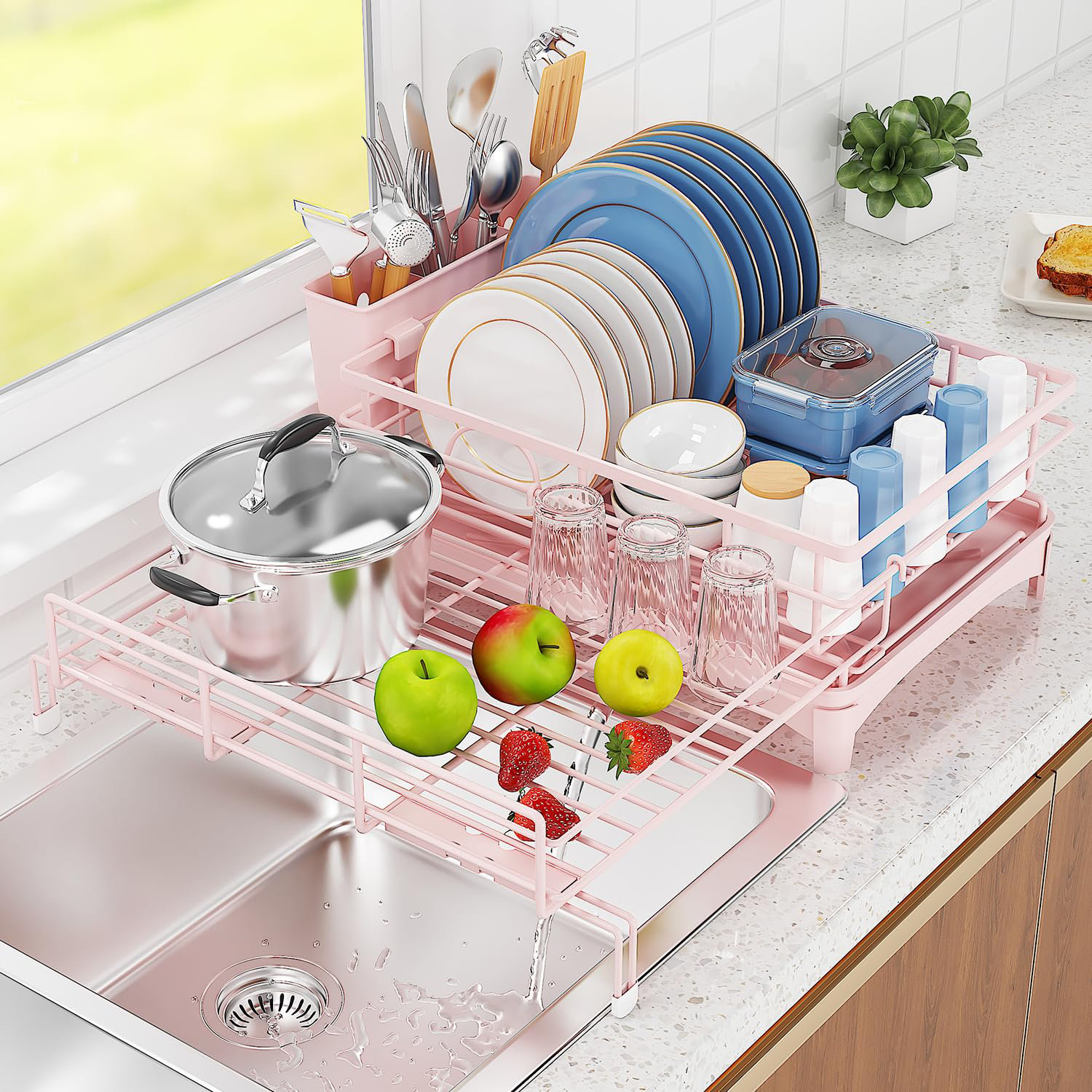 FODORL Dish Drying Rack,Extendable Dish Rack with Cutlery Holder, Anti ...