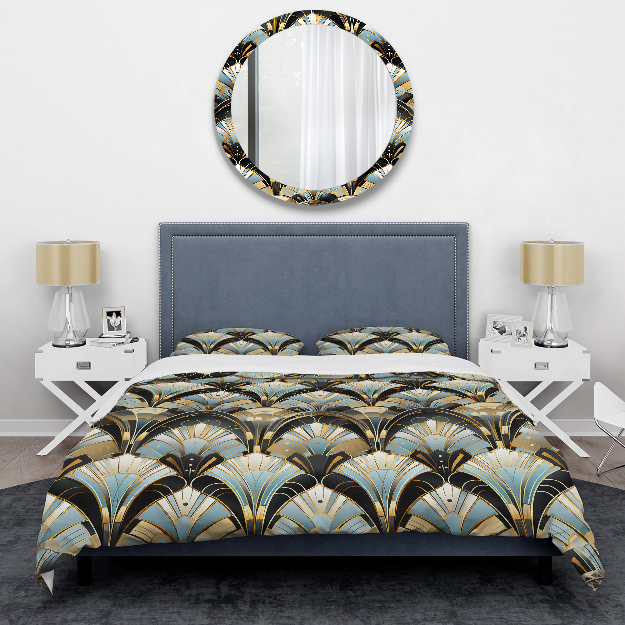 Design Art 1970S Blue And Gold Damask Art Deco I - Damask Duvet Cover ...