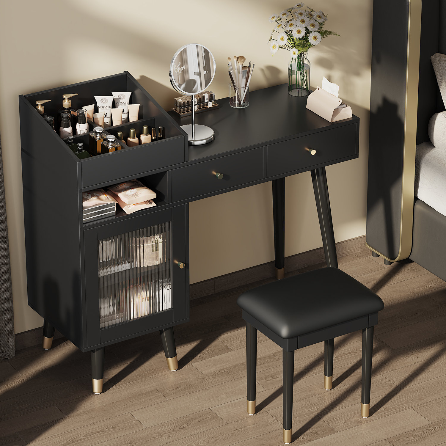 Brayden Studio® Modern Dressing Table Set With Stool, Drawers And ...
