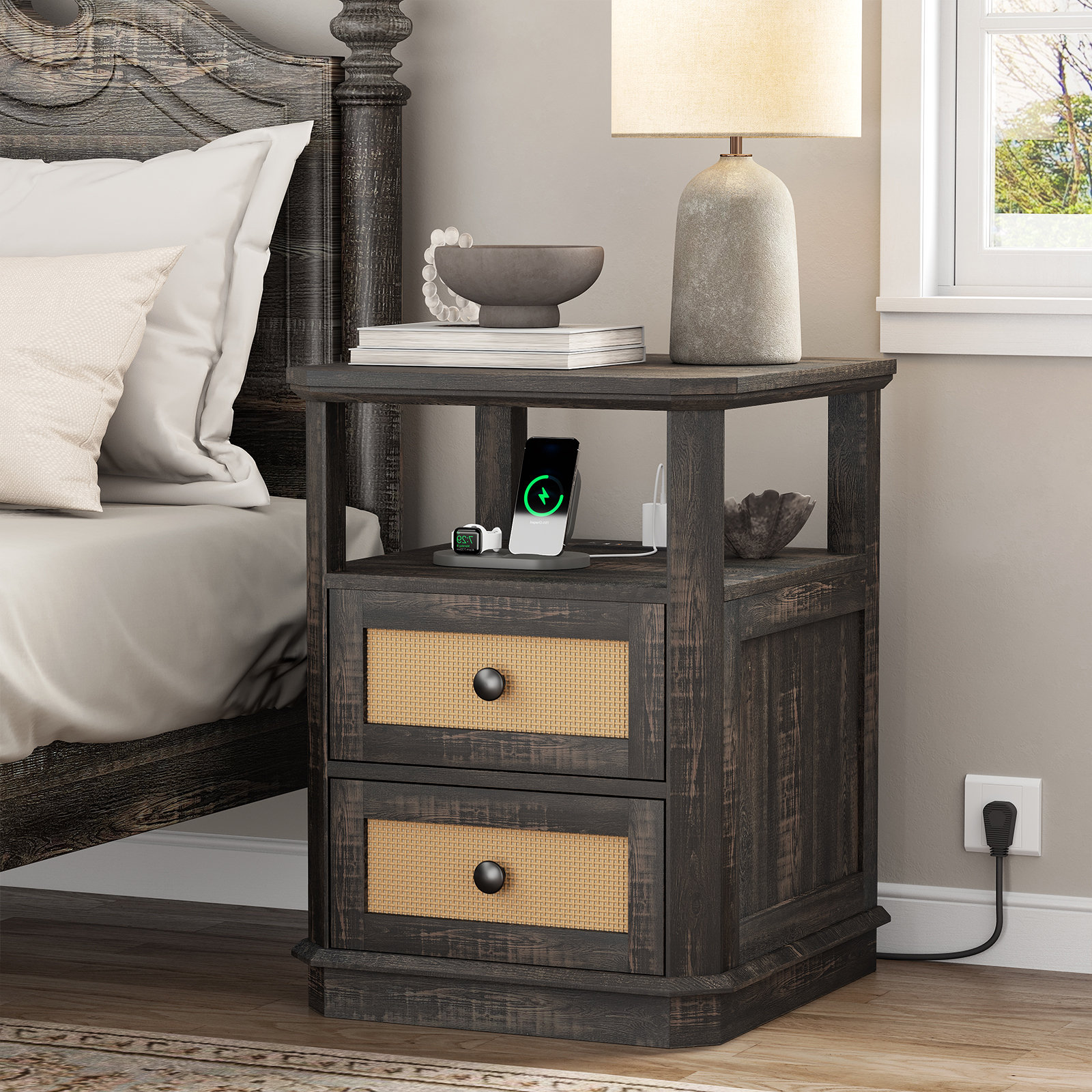 Winston Porter 2 Drawers Rattan Nightstands with Storage and Built-in ...