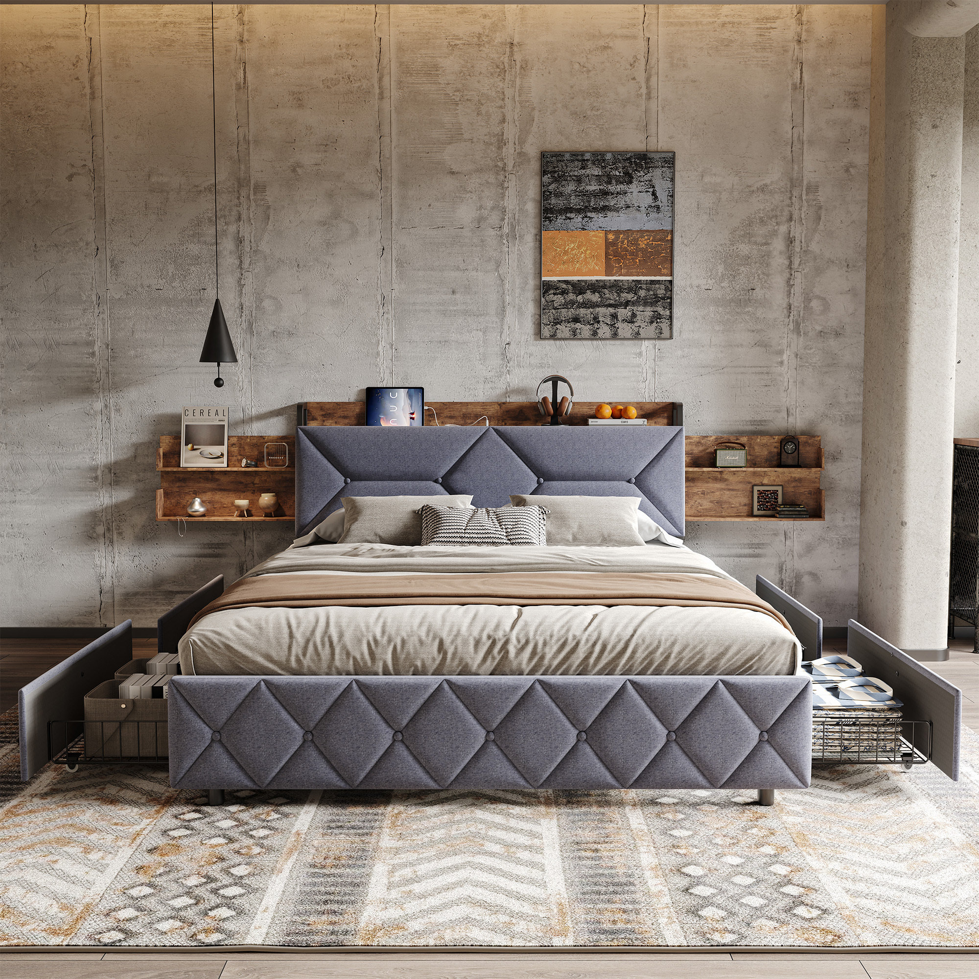 Latitude Run Fabric Bed Frame With Headboard Storage, USB Ports ...