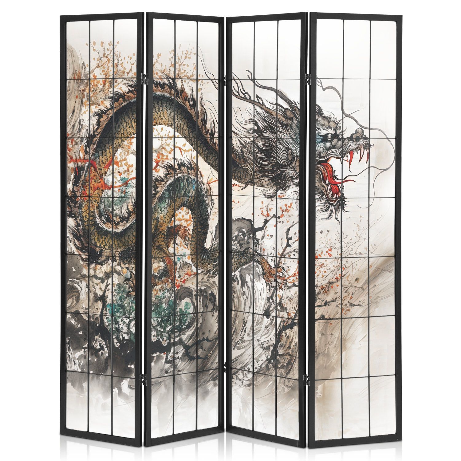 Bungalow Rose 4 Panel Wood Folding Room Divider, Dragon Pattern ...