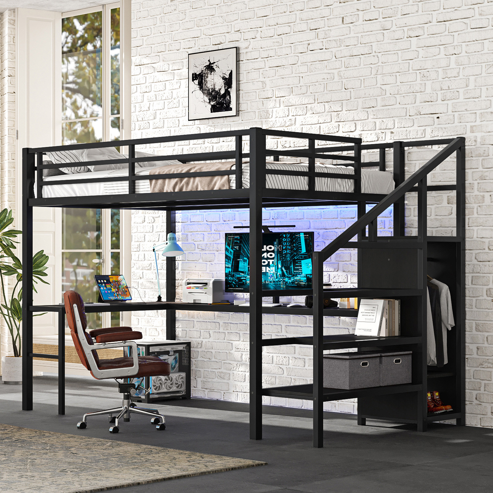 Mason & Marbles Full Size Loft Bed With L-Shaped Desk And USB, Metal ...
