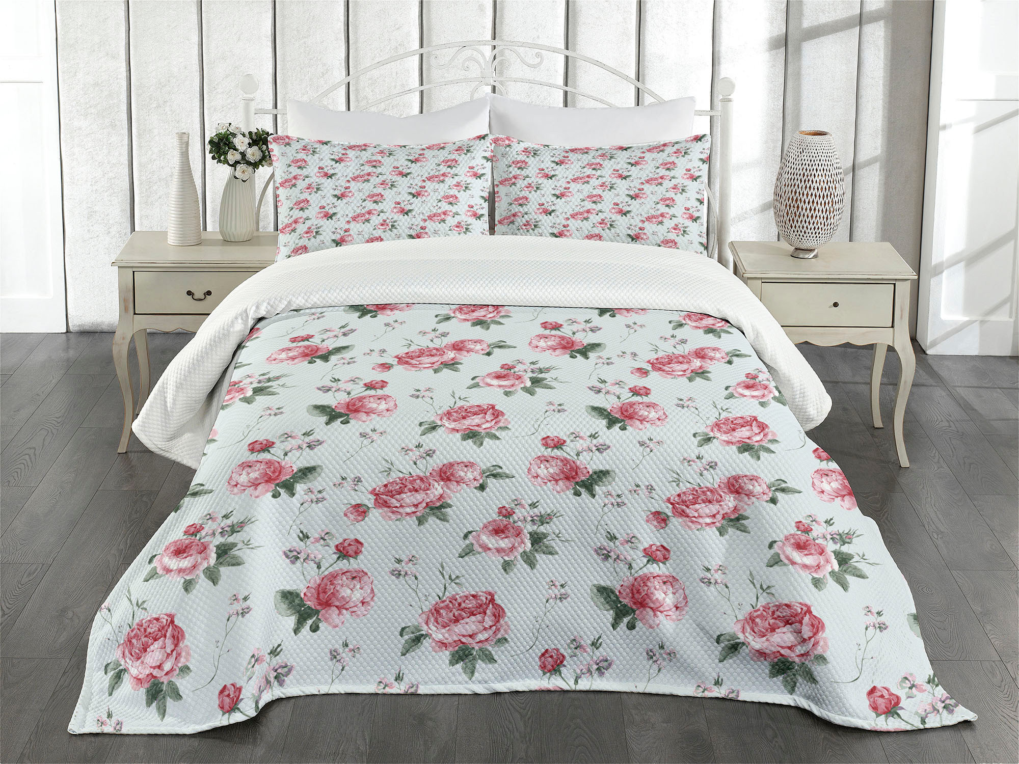 Ambesonne Romantic Bedspread Set Spring Flowers Roses Almond Green Pale ...