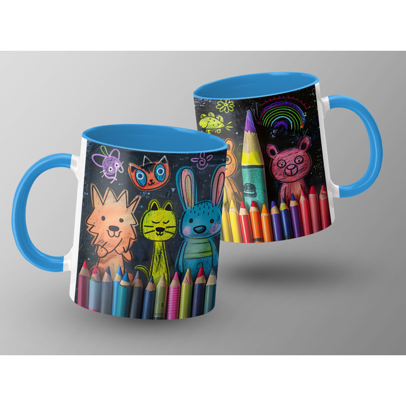 East Urban Home Set of 3 Kids Drawing Style 11oz Accent Mugs – White ...