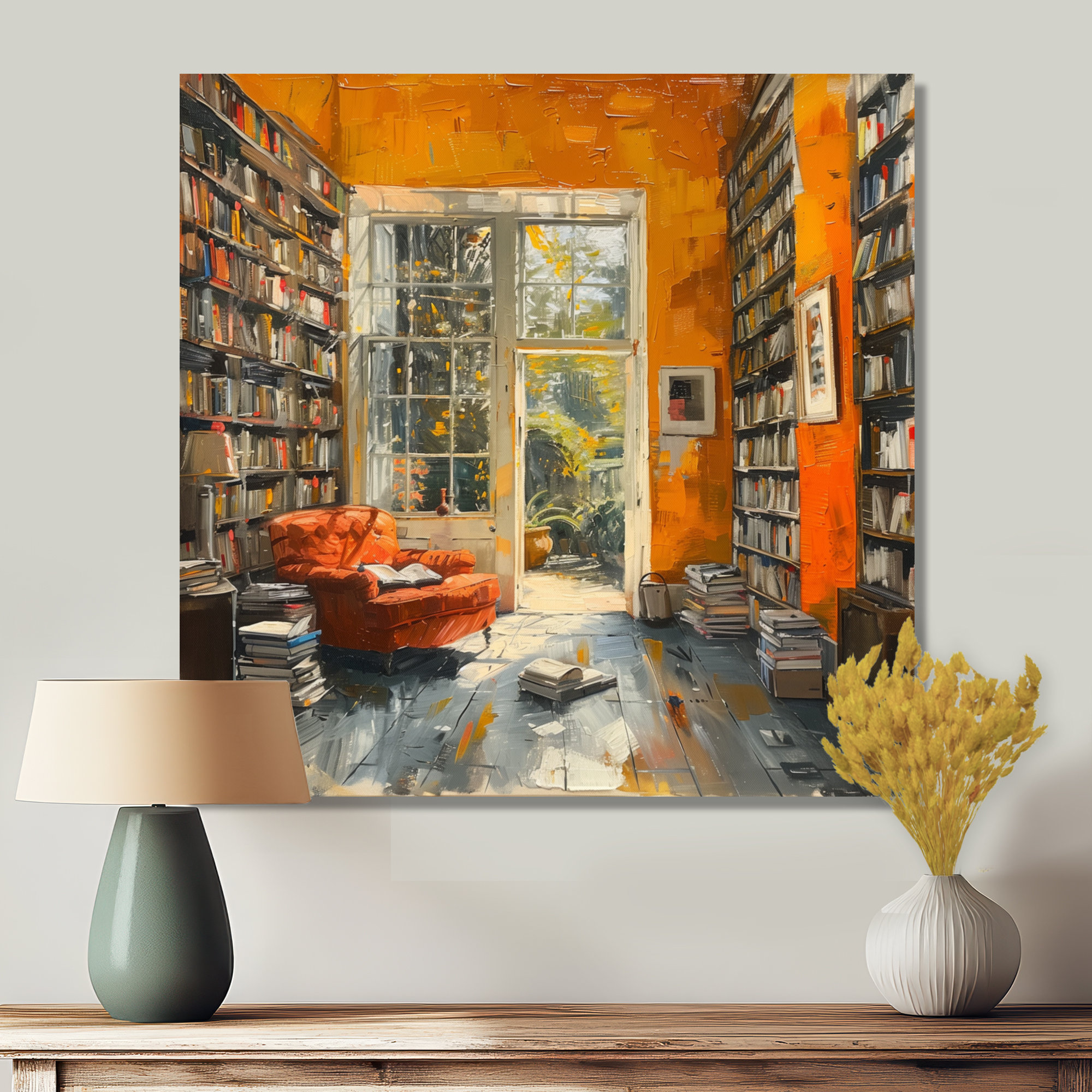 Design Art Orange Library Bookshelves Reading Bliss - Libraries Wall ...
