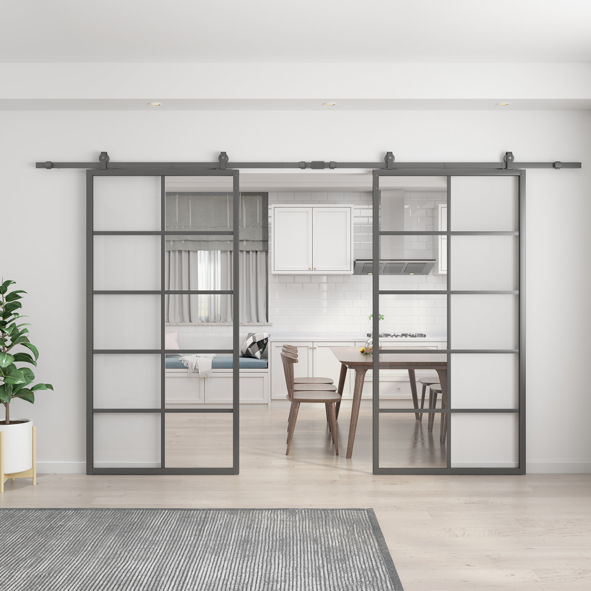 JUBEST Double Barn Door with Hardware Kit, 2 Sets of Clear Tempered ...