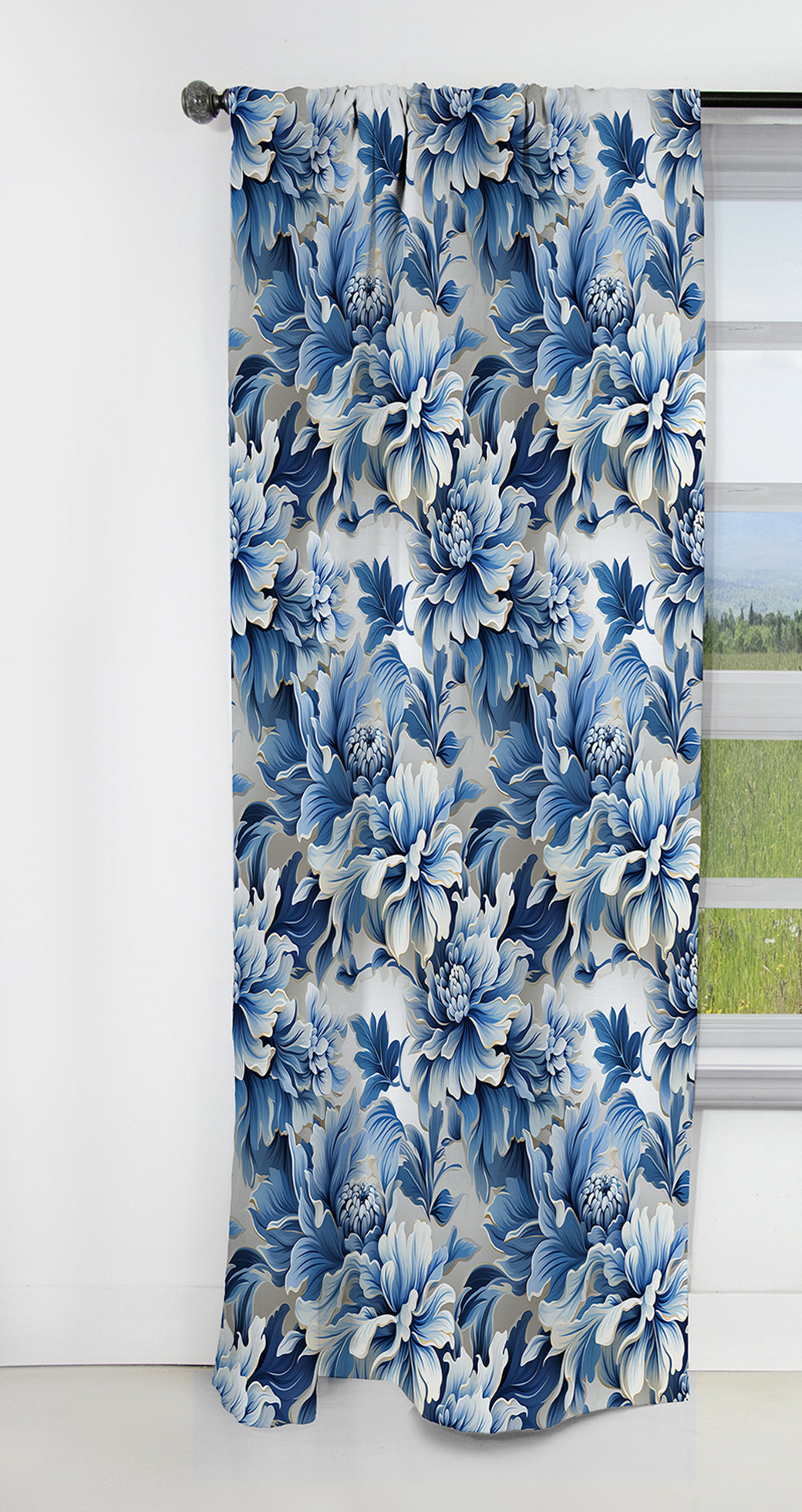 Design Art White And Blue Damask Breeze II - Damask Curtain - Blackout ...