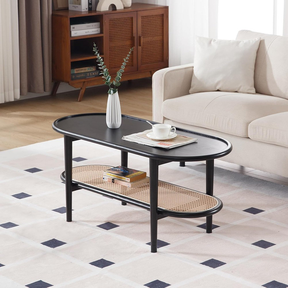 Bay Isle Home™ Oval Rattan Coffee Table, Modern Black Wood Coffee Table ...