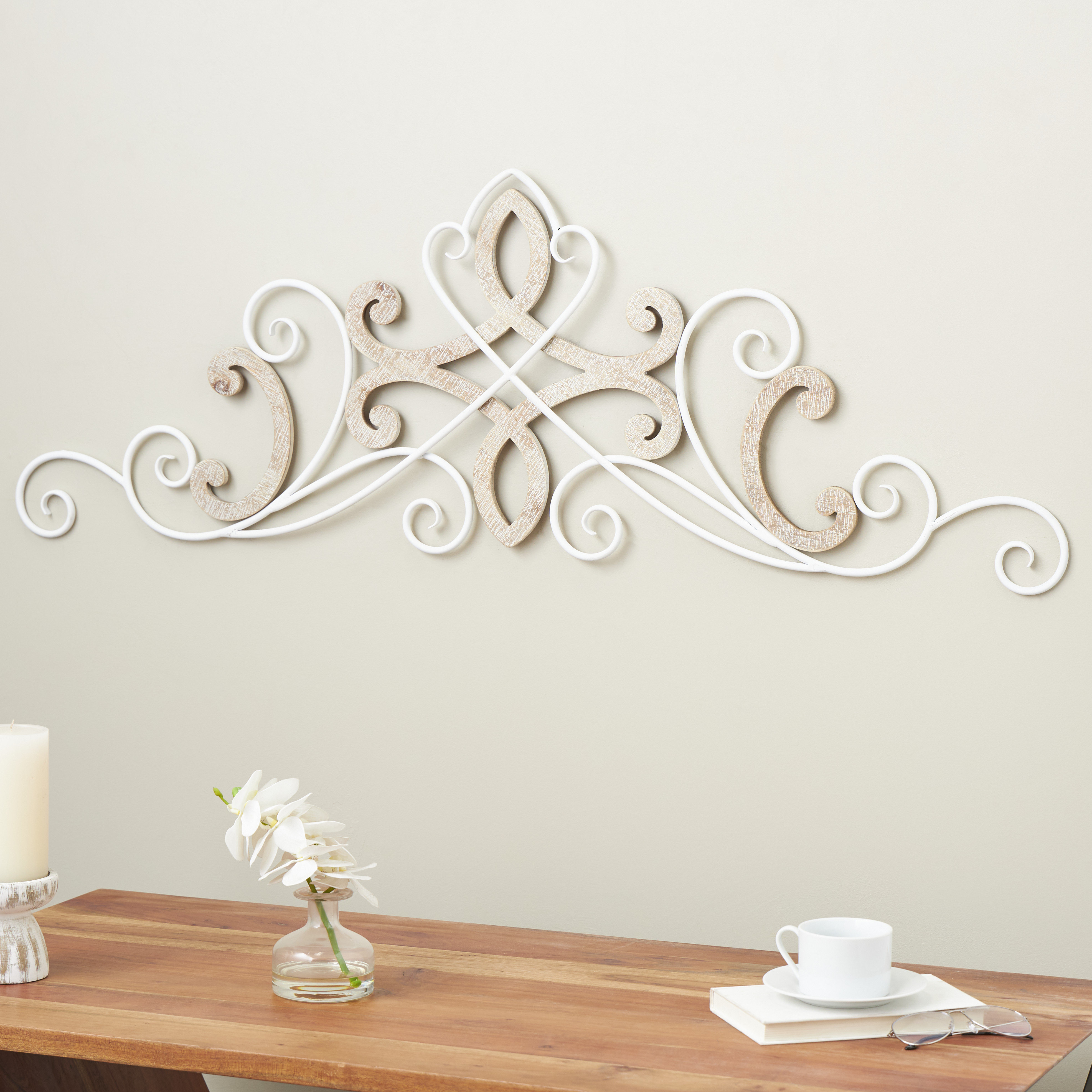 Ophelia & Co. Wooden Scroll White Wall Decor with Wood Accents ...