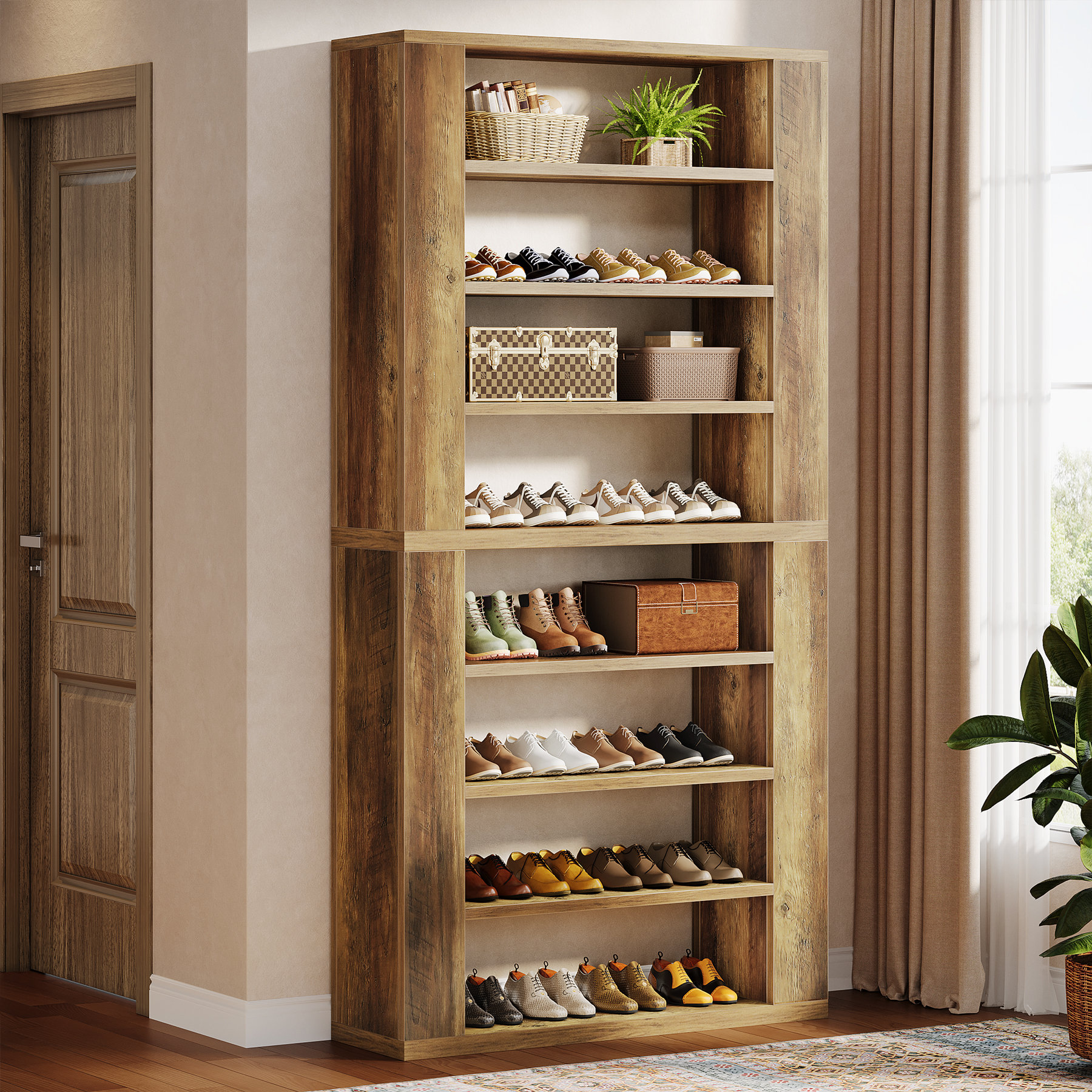 Rebrilliant 80" Tall Shoe Rack Cabinet, 9 Tiers Wooden Shoe Storage ...