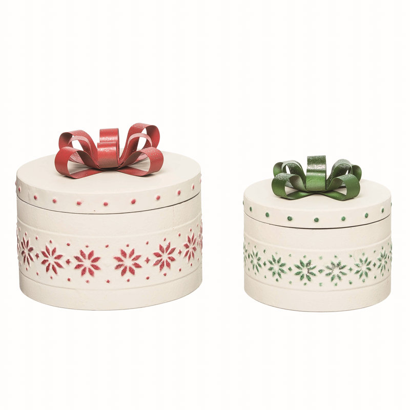 The Holiday Aisle® Metal 10 in. White Christmas Enamel Bow Boxes Set of ...