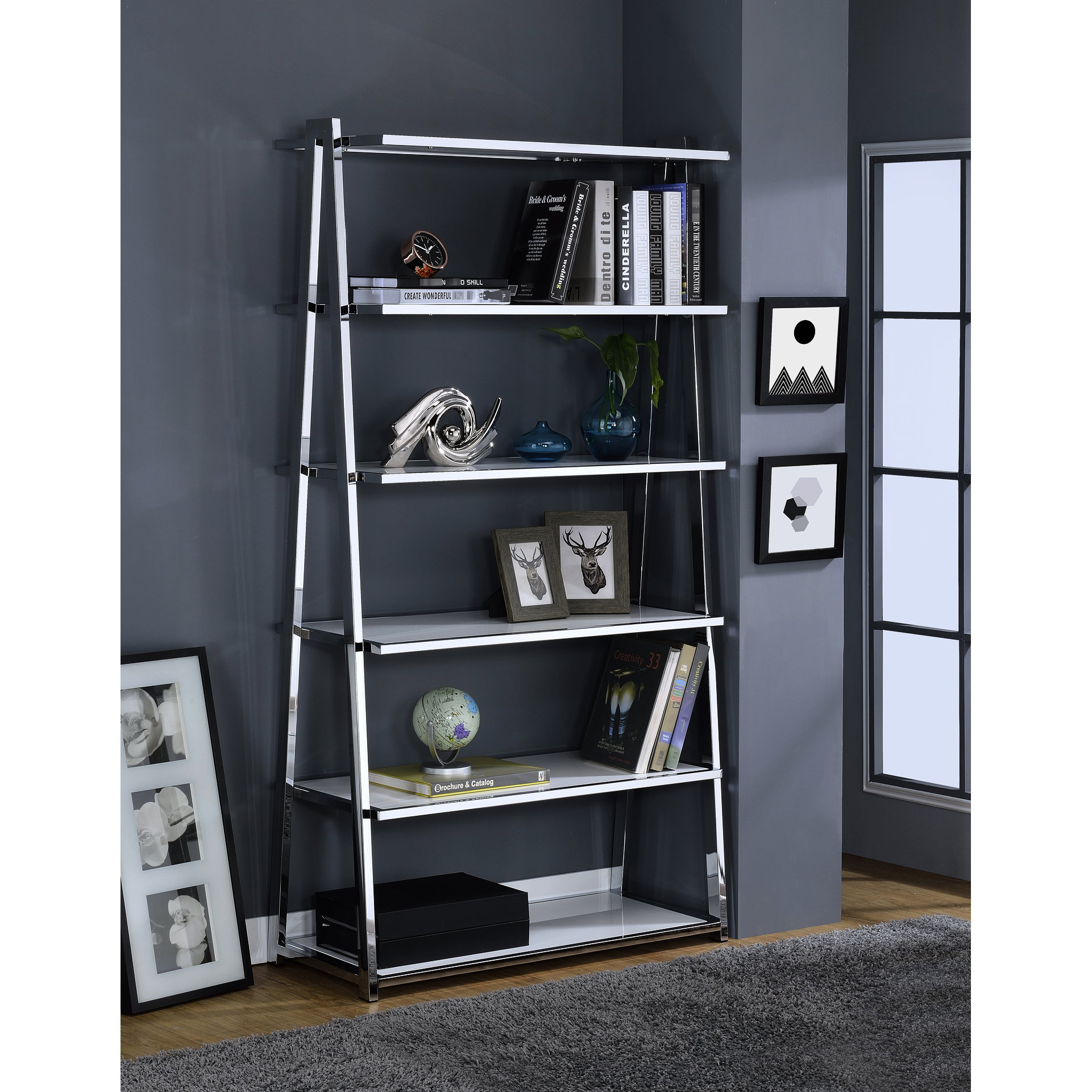 EchoElegance Rectangular Bookshelf With Metal Frame & High Gloss Wooden ...