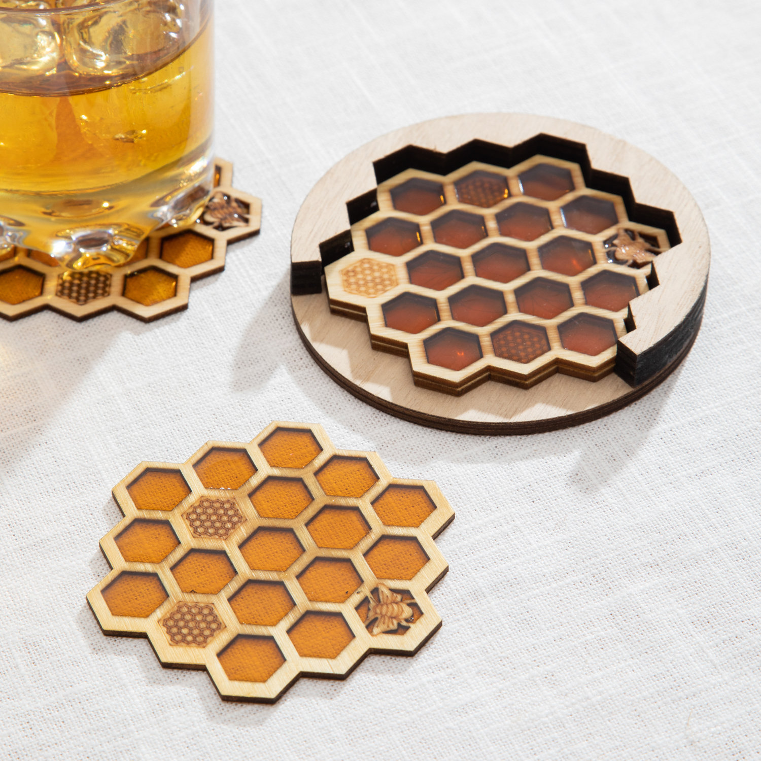 Gracie Oaks 4 Piece Honeycomb Coasters with Wooden Base | Wayfair