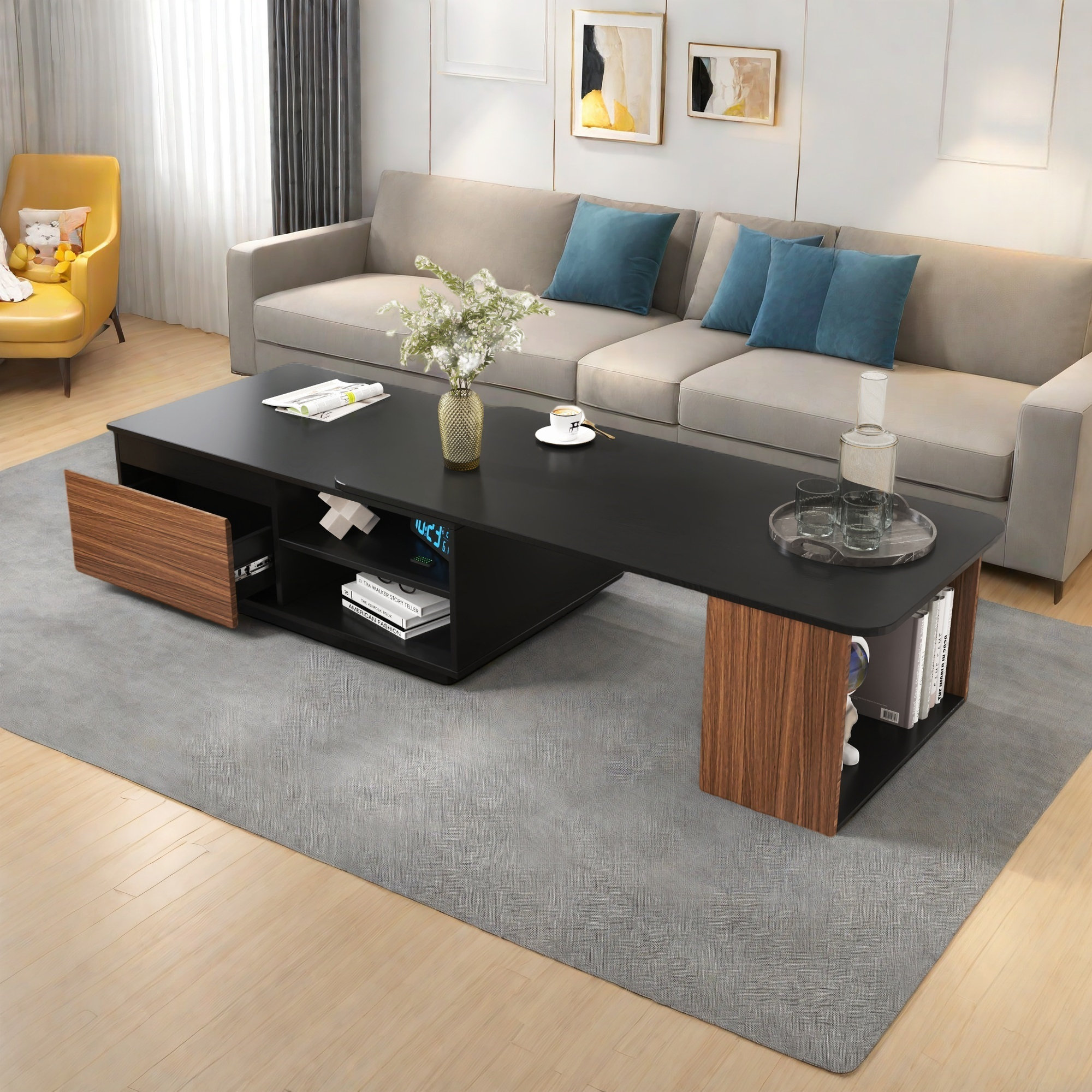 Ebern Designs Extendable Long Rectangular Coffee Table With 2 Storage ...
