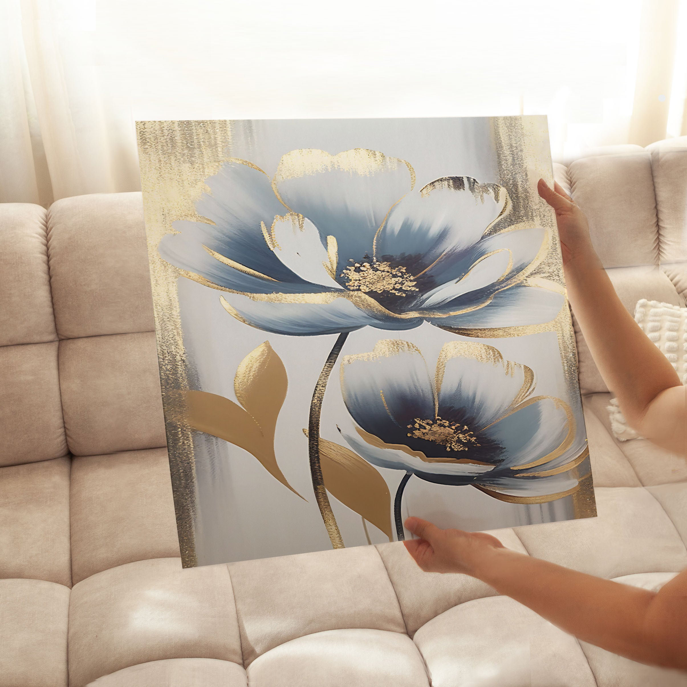 Mercer41 Floral Blue & Gold Flowers Modern Unframed Art Print | Wayfair