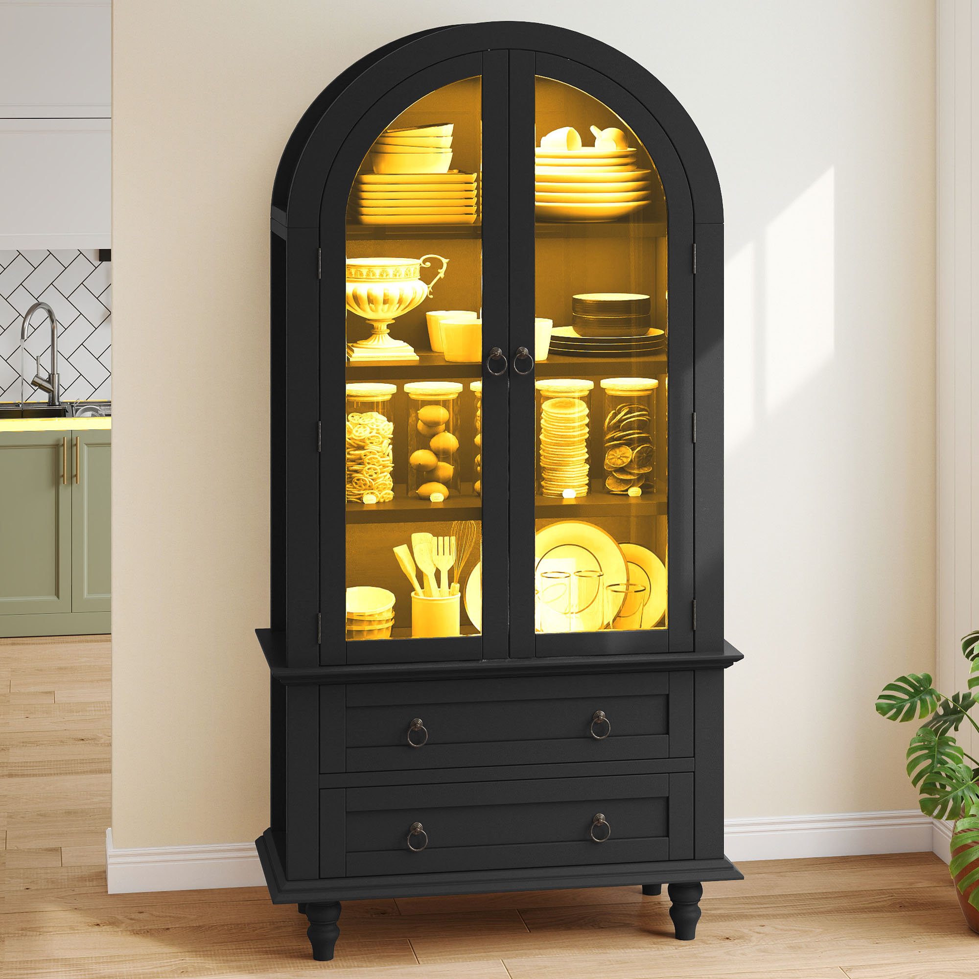 Brayden Studio® 73"H Arched Pantry Cabinet With LED Lighting, 2 Drawers ...