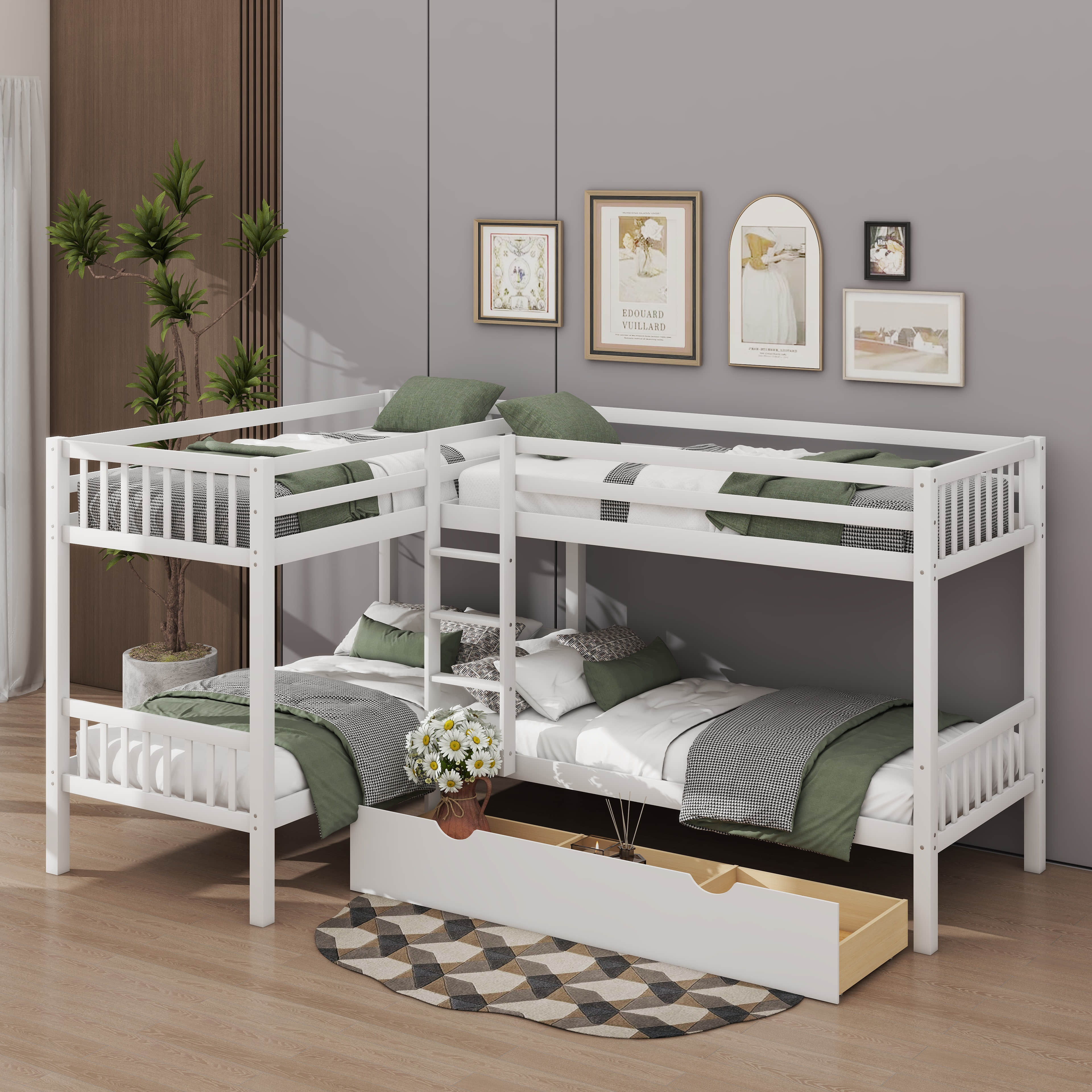 Harriet Bee Twin Over Twin L-Shaped Bunk Beds With Drawers, Space ...