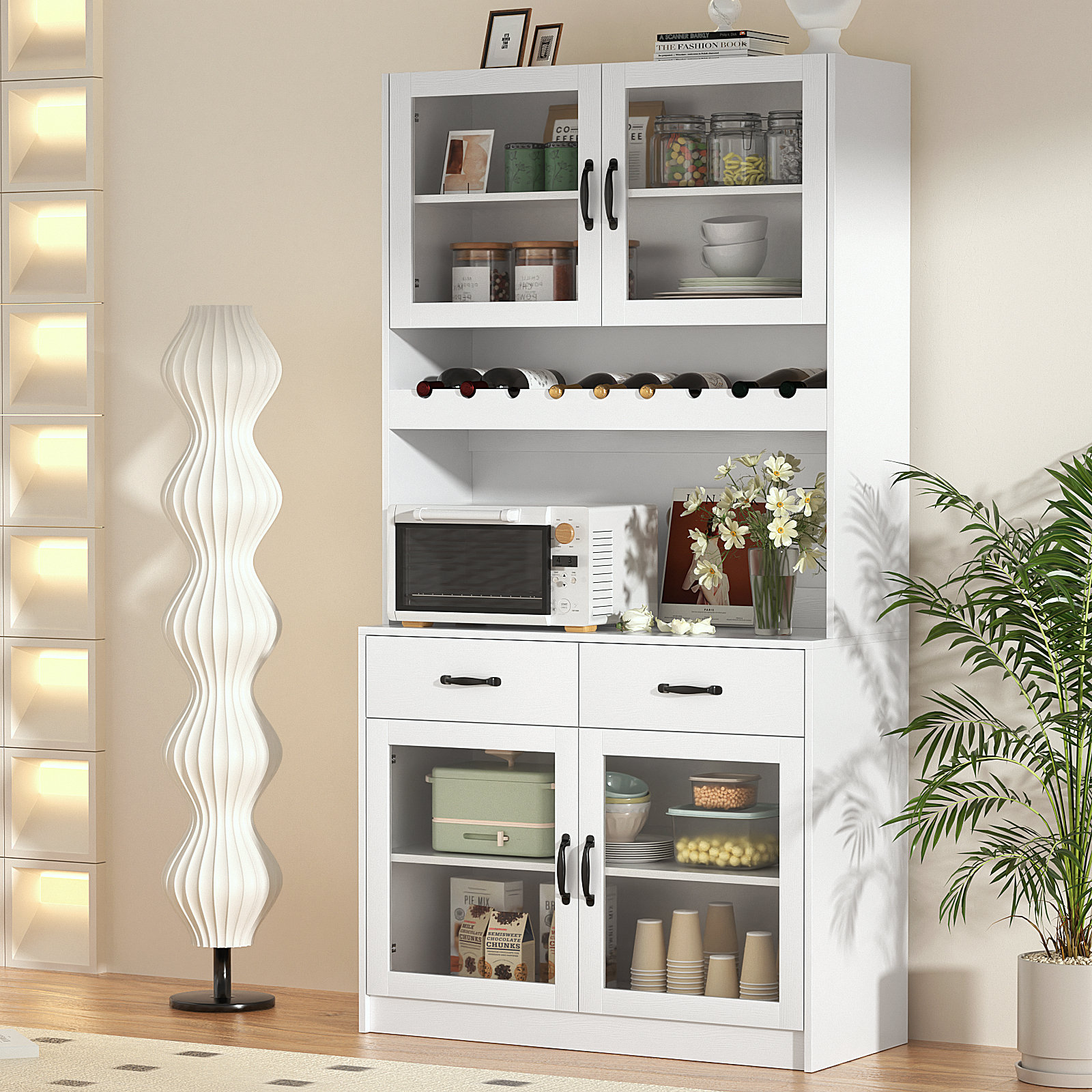 Ebern Designs 71" Kitchen Hutch Storage Cabinet With Glass Doors And ...